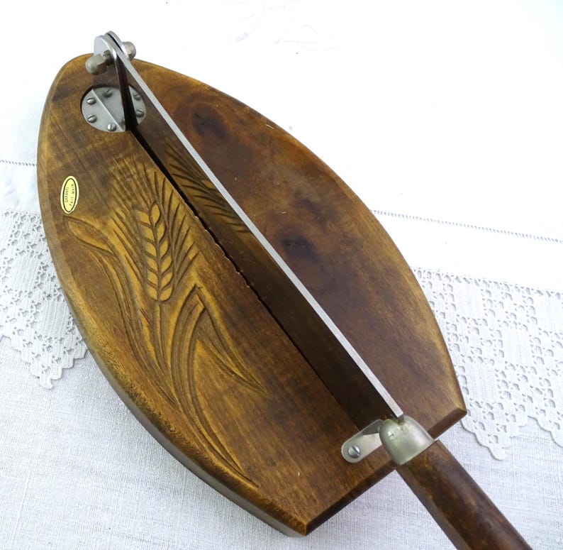 Vintage French Guillotine Bread Knife With Oak Wood Stand Carved Ear of ...