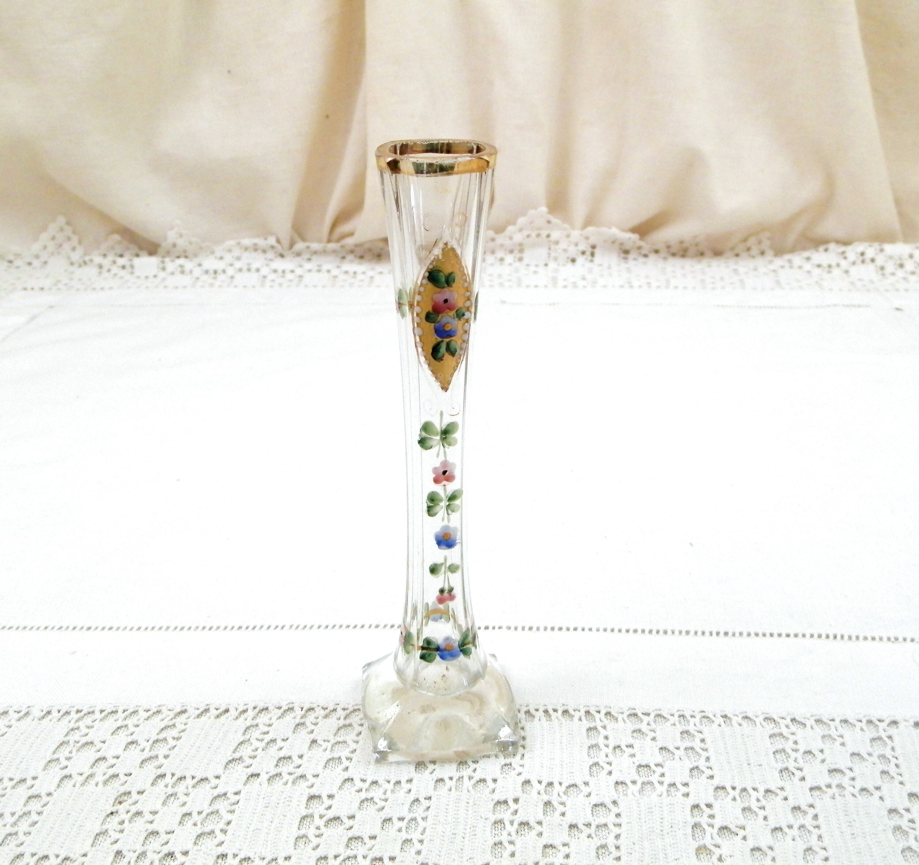 Antique French Tall Slim Hand Painted Clear Glass Posy Vase with Small ...