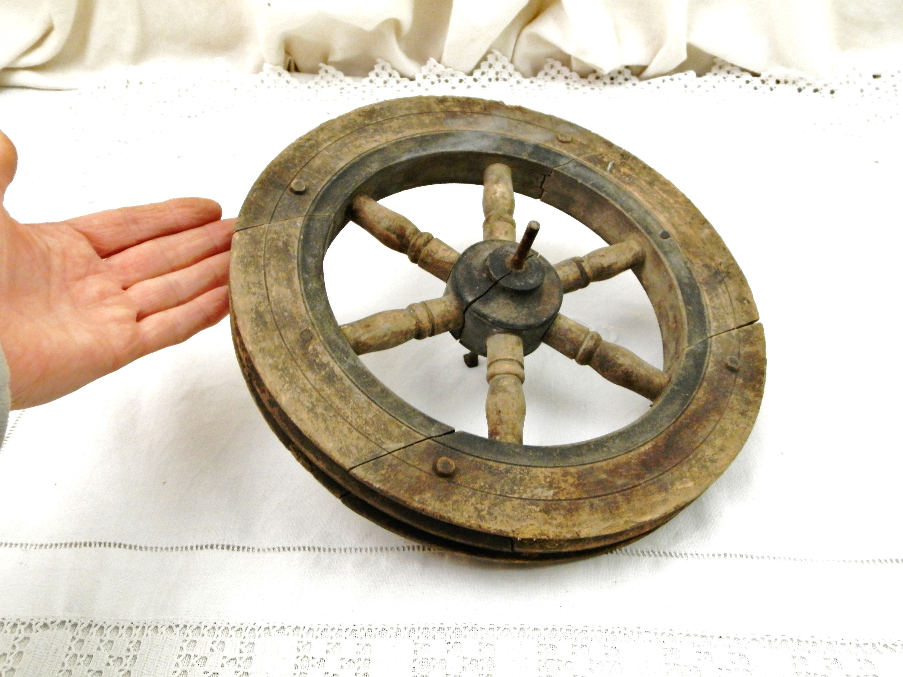 Small Antique French Wooden 2 Rope Pulley Wheel, Rustic Primitive ...