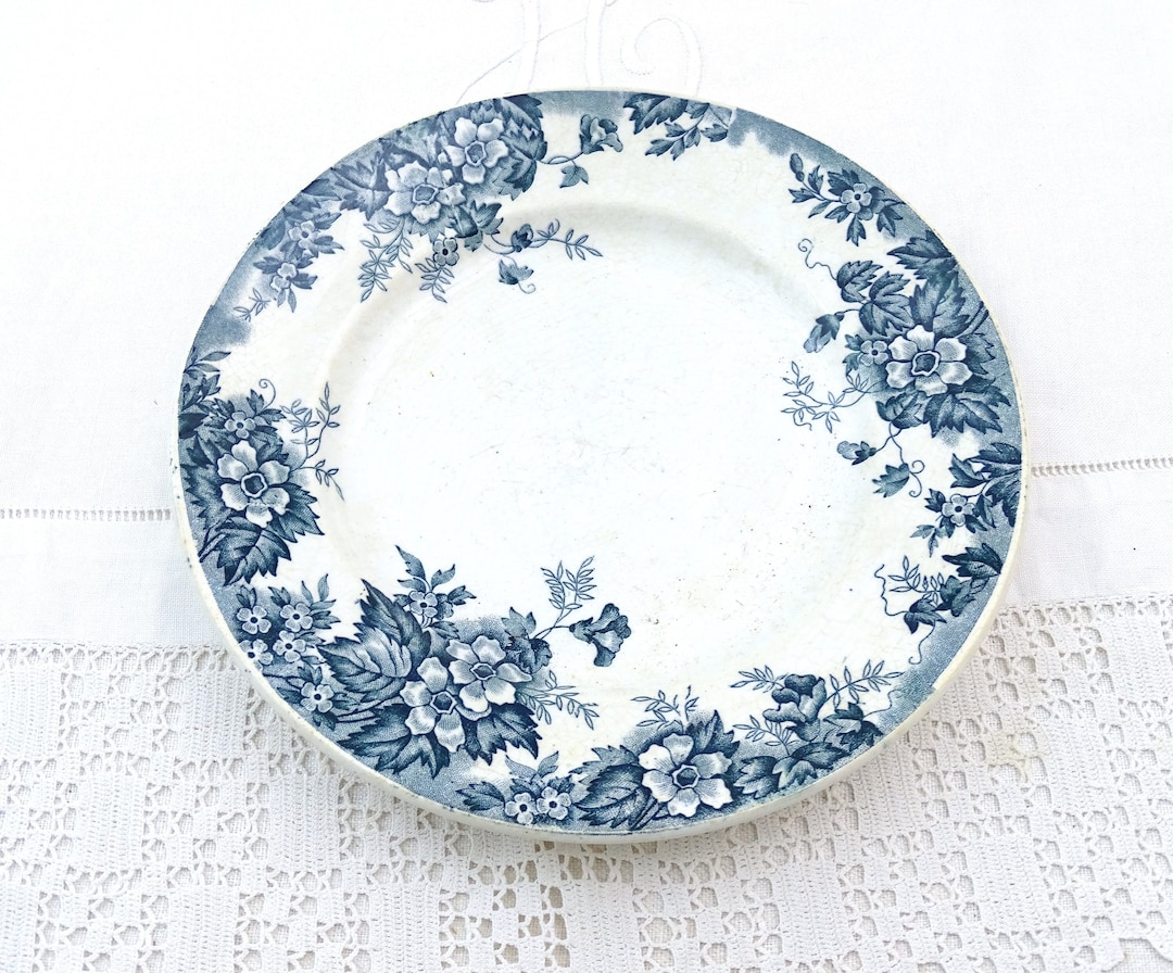 1 Antique French Teal Blue and White Glazed Pottery Plate With Flower ...