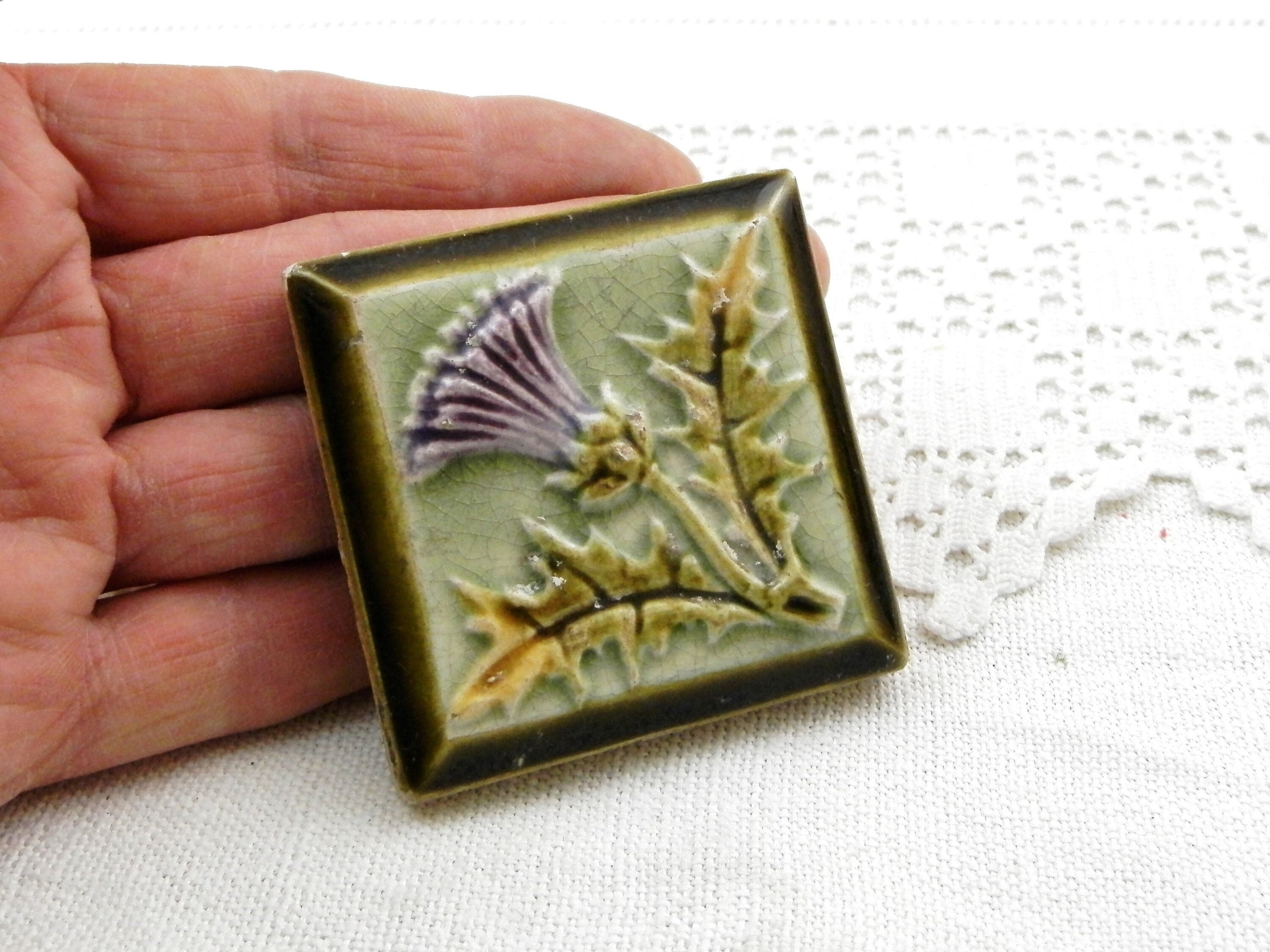 Small Antique Victorian Scottish Square Ceramic Tile with Embossed ...