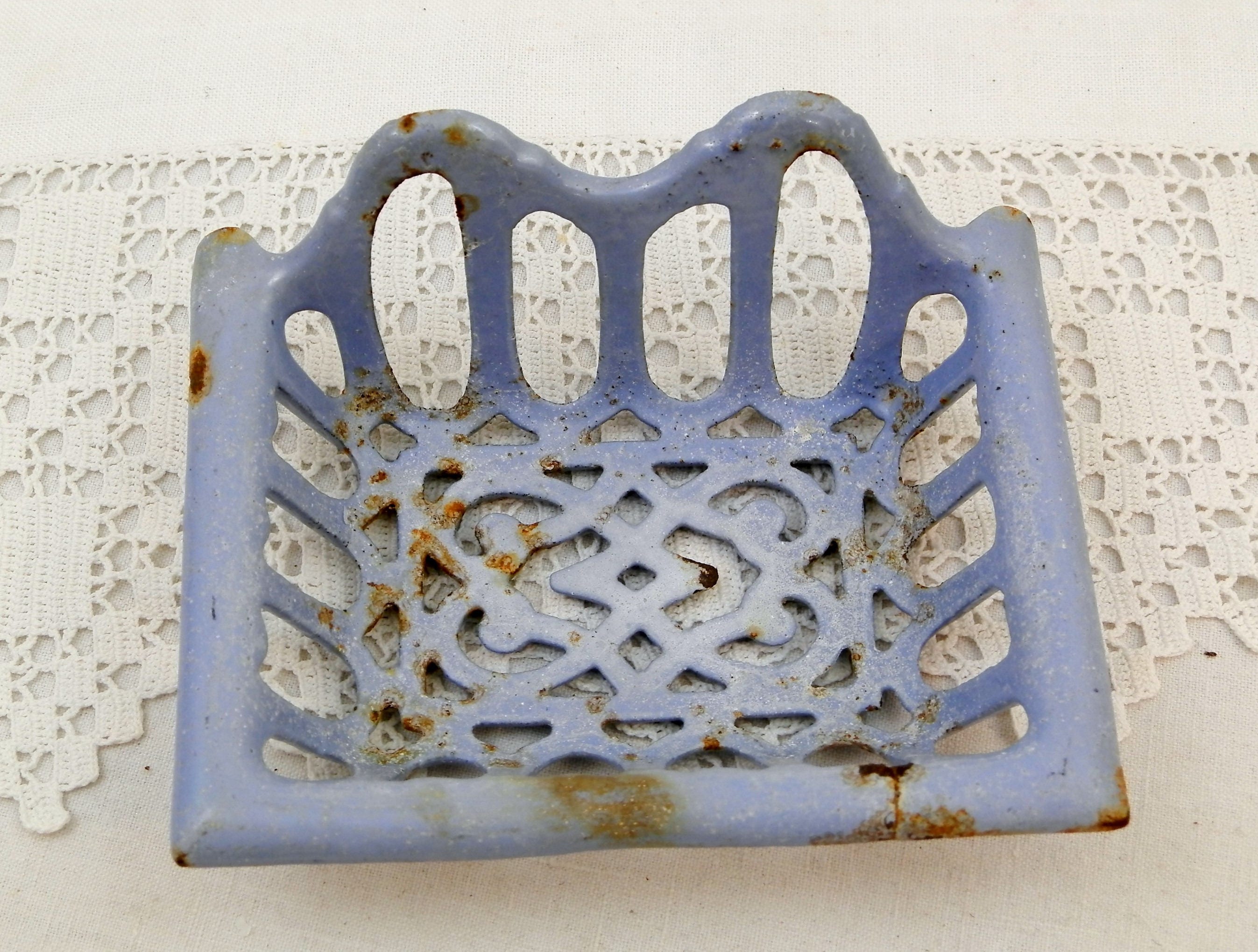 Small Antique Cast Iron Enameled Sky Blue Wall Hanging Soap Holder ...
