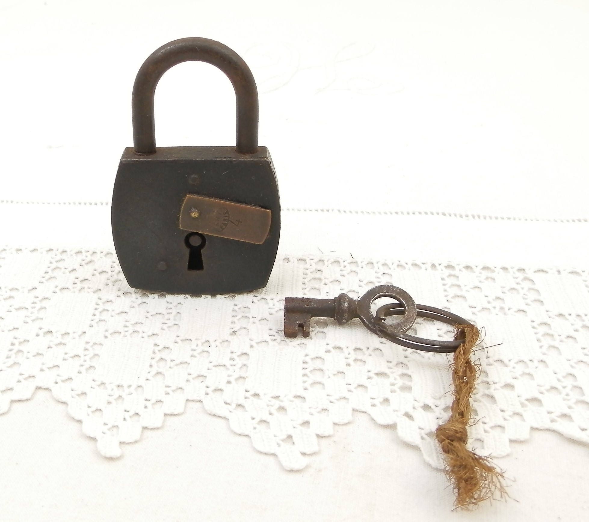 French Antique Working Black Patina Iron and Copper Padlock with Key by ...