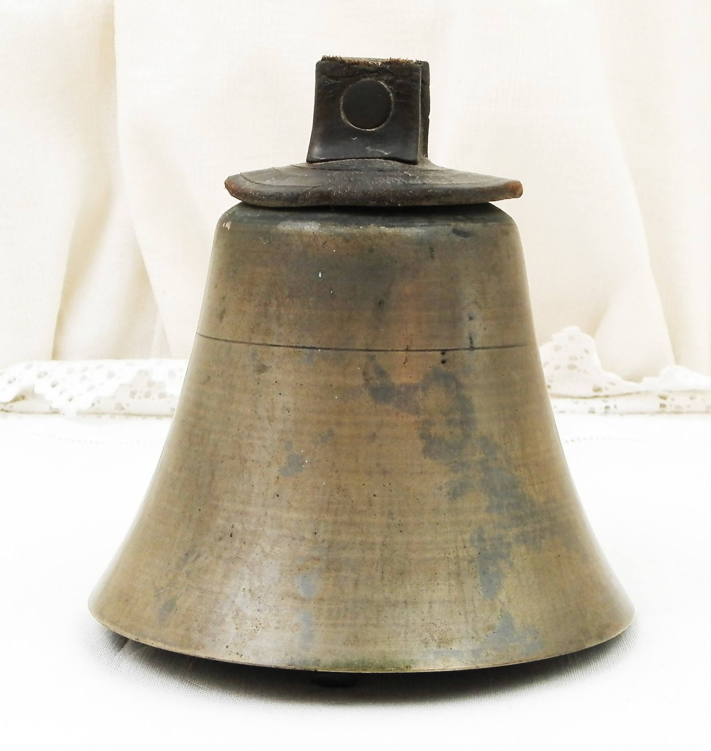 Rare Antique Lathed Bronze Bell with Tooled Leather Top Embossed GS ...