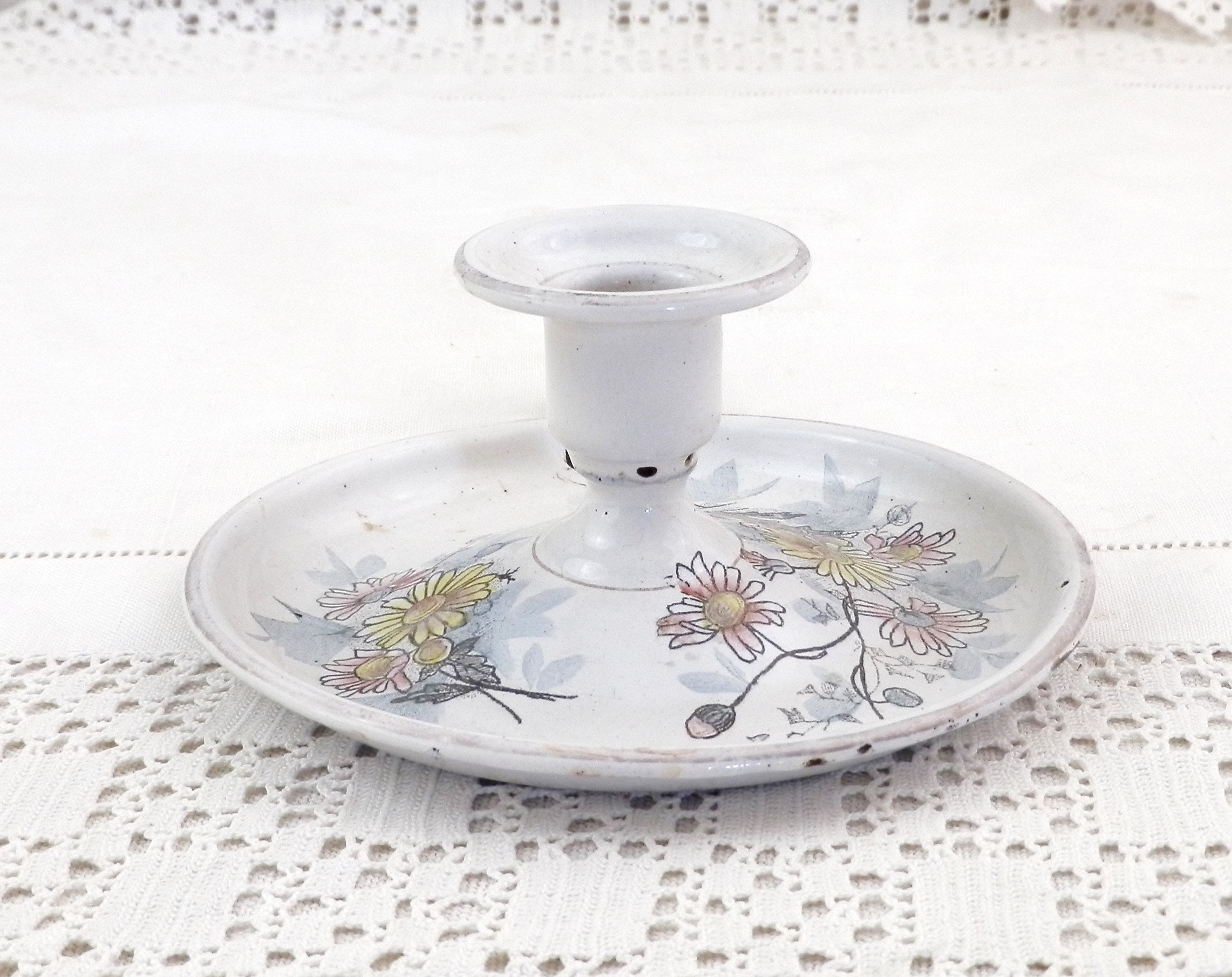 French Antique White Enamel with Flower Pattern Candle Holder, Retro ...