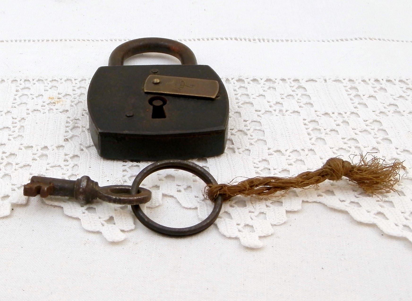 French Antique Working Black Patina Iron and Copper Padlock with Key by ...