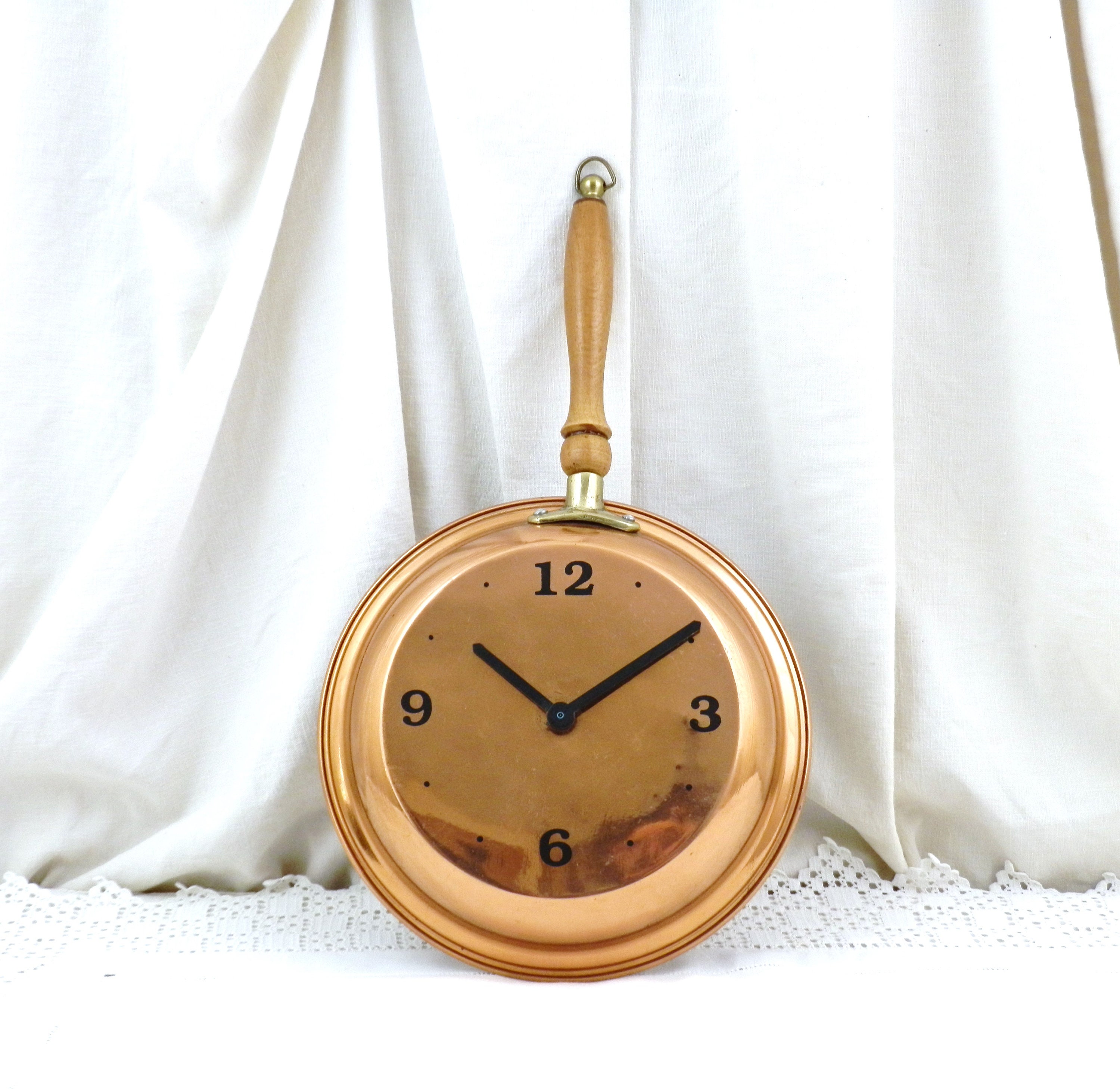 French Vintage Working Copper Pan Wall Clock, Retro Kitchen Decor Time ...