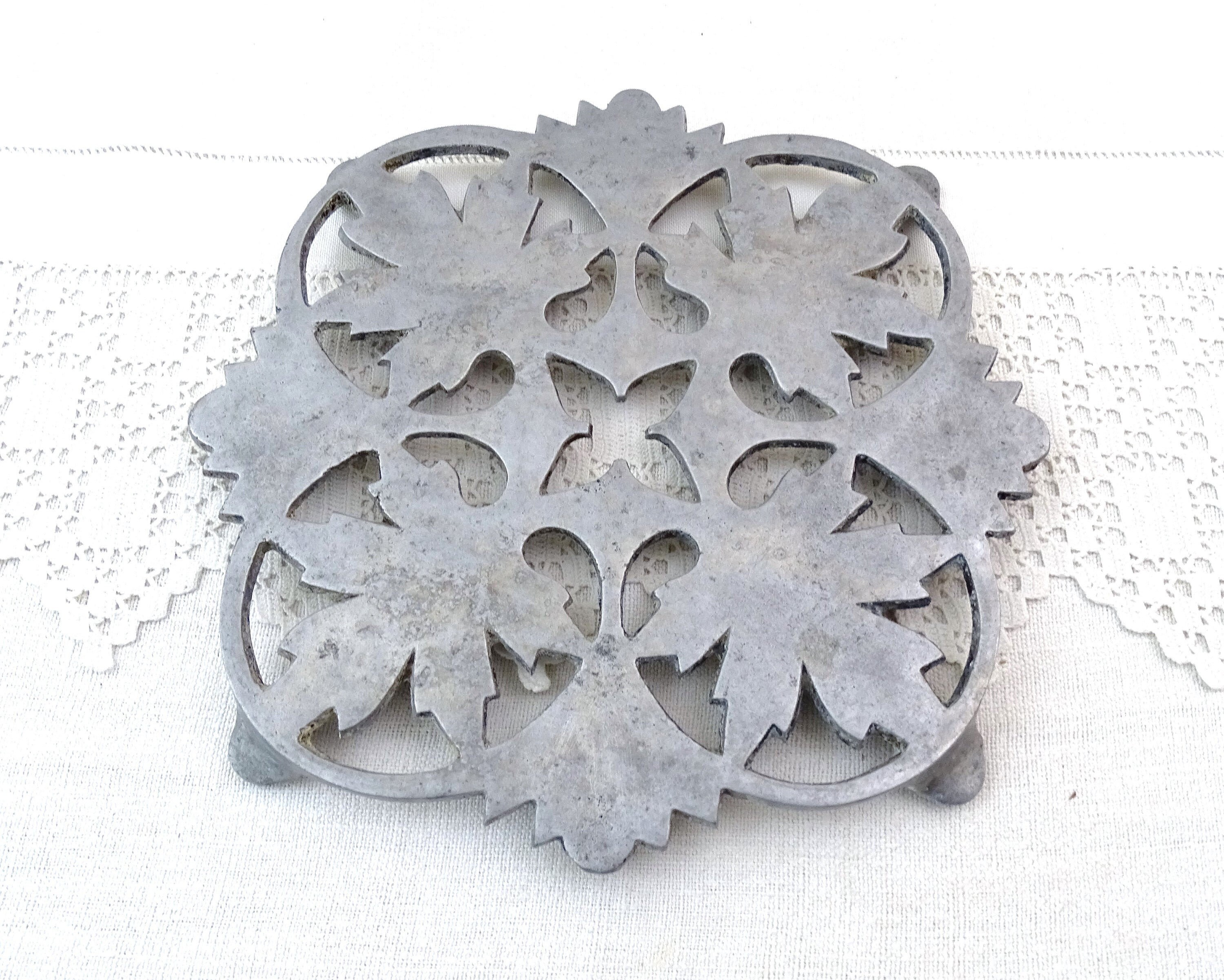 Vintage French White Metal Kitchen Trivet with Cut Out Design, Retro ...