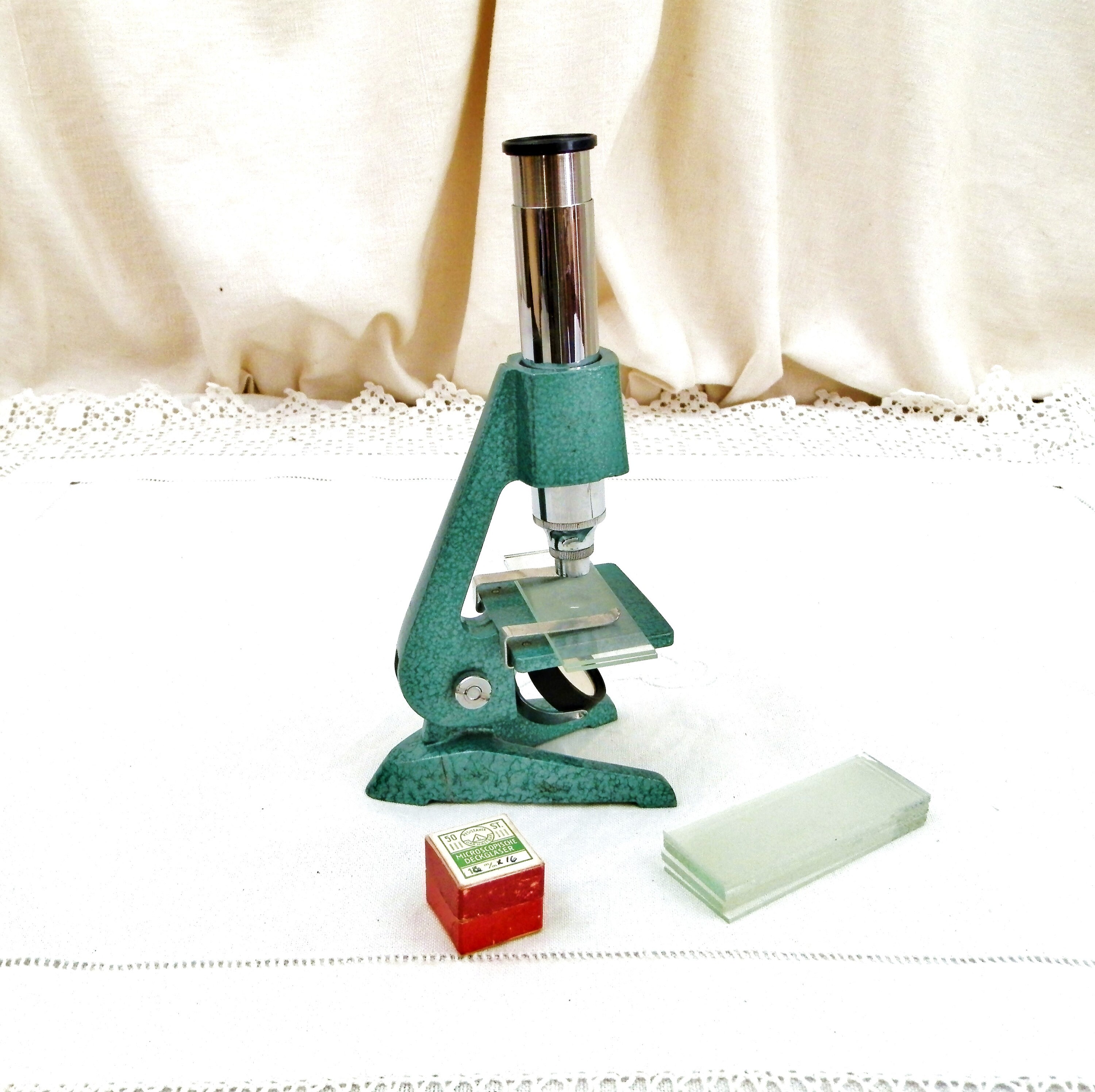 Vintage French Mid Century 1950s Boxed Green Microscope with Glass ...