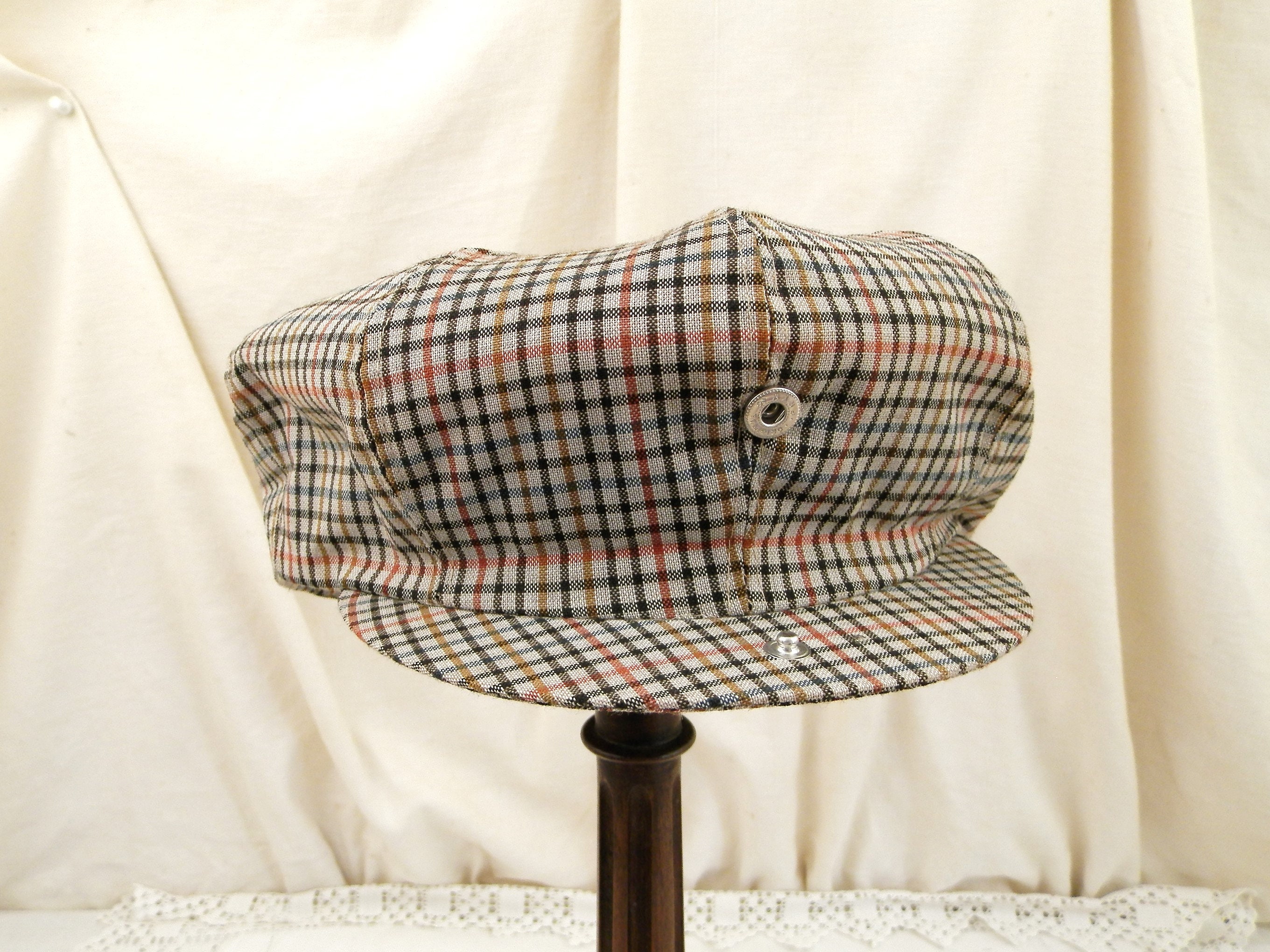 Vintage French Unused Brown Chequered Fabric Cloth Button Topped Flat ...