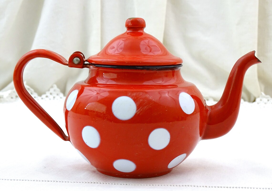 Small Vintage Chippy Red and White Polka Dot Enamelware Tea | Etsy