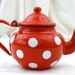 Small Vintage Chippy Red and White Polka Dot Enamelware Tea Pot, Bright ...
