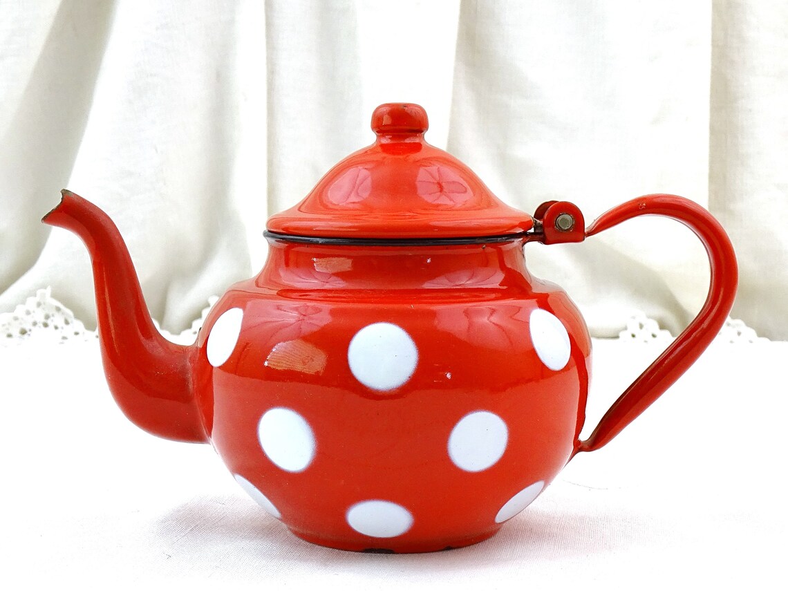Small Vintage Chippy Red and White Polka Dot Enamelware Tea | Etsy
