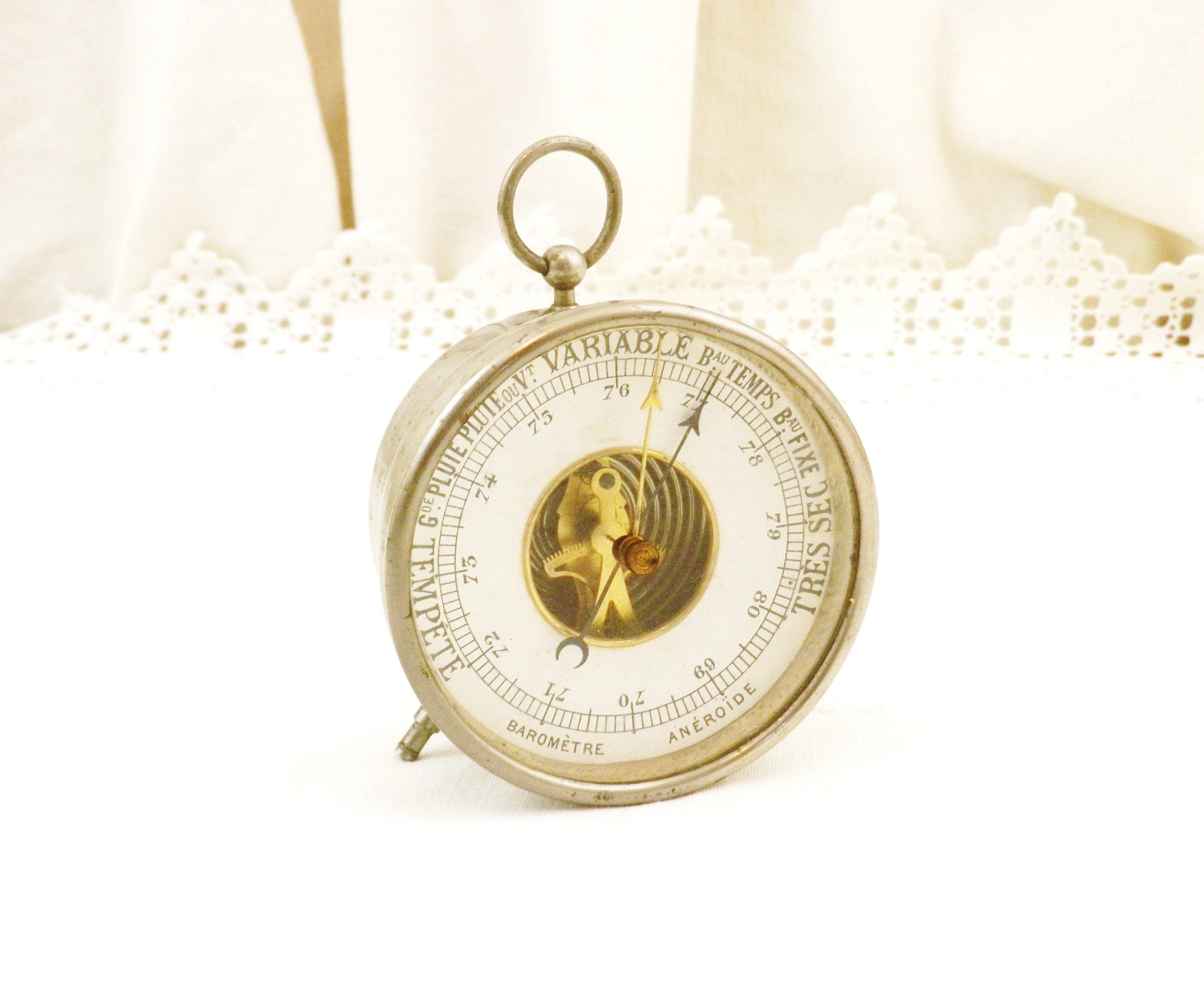 French Antique Small Round Mechanical Barometer Metal and Glass ...