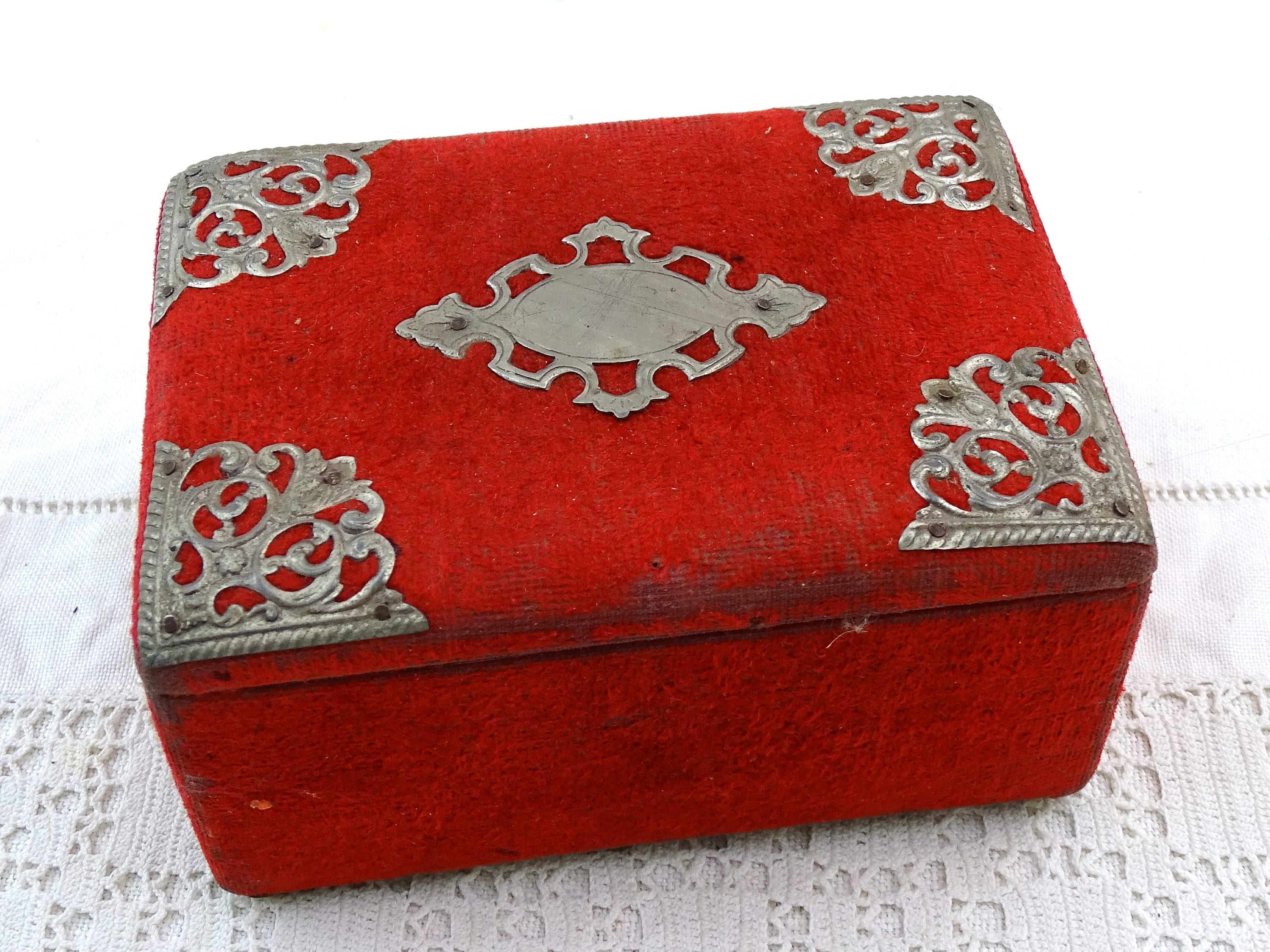 Antique French Worn Red Velvet Jewelry Box with Metal Decoration on the ...
