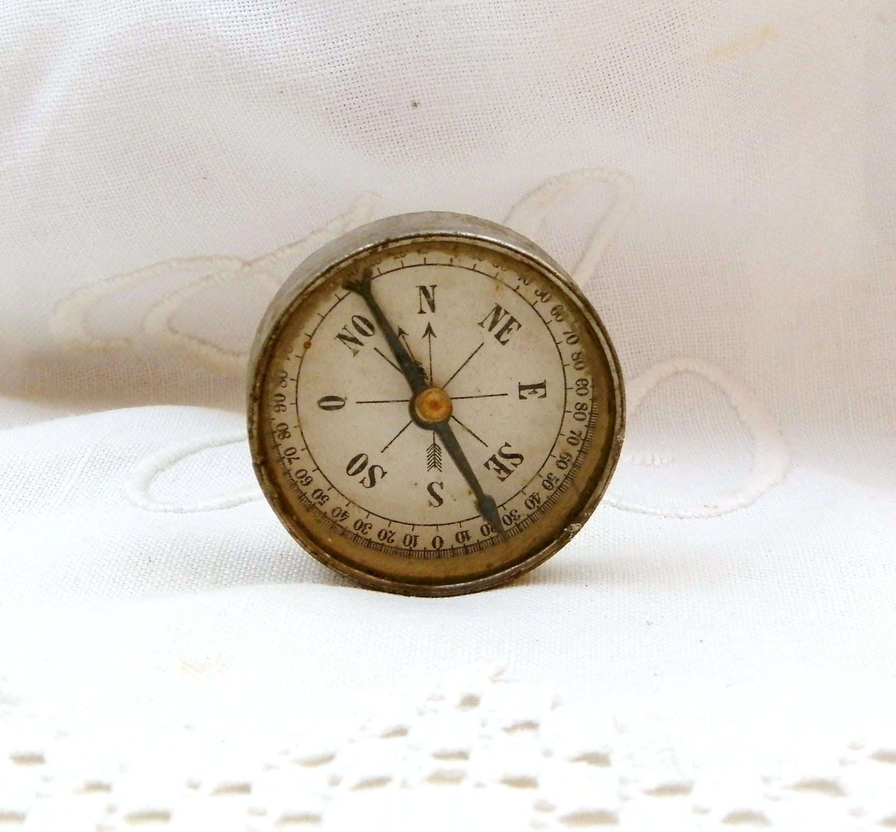 Small Antique Glass and Metal Framed French Compass and Mirror, Round ...