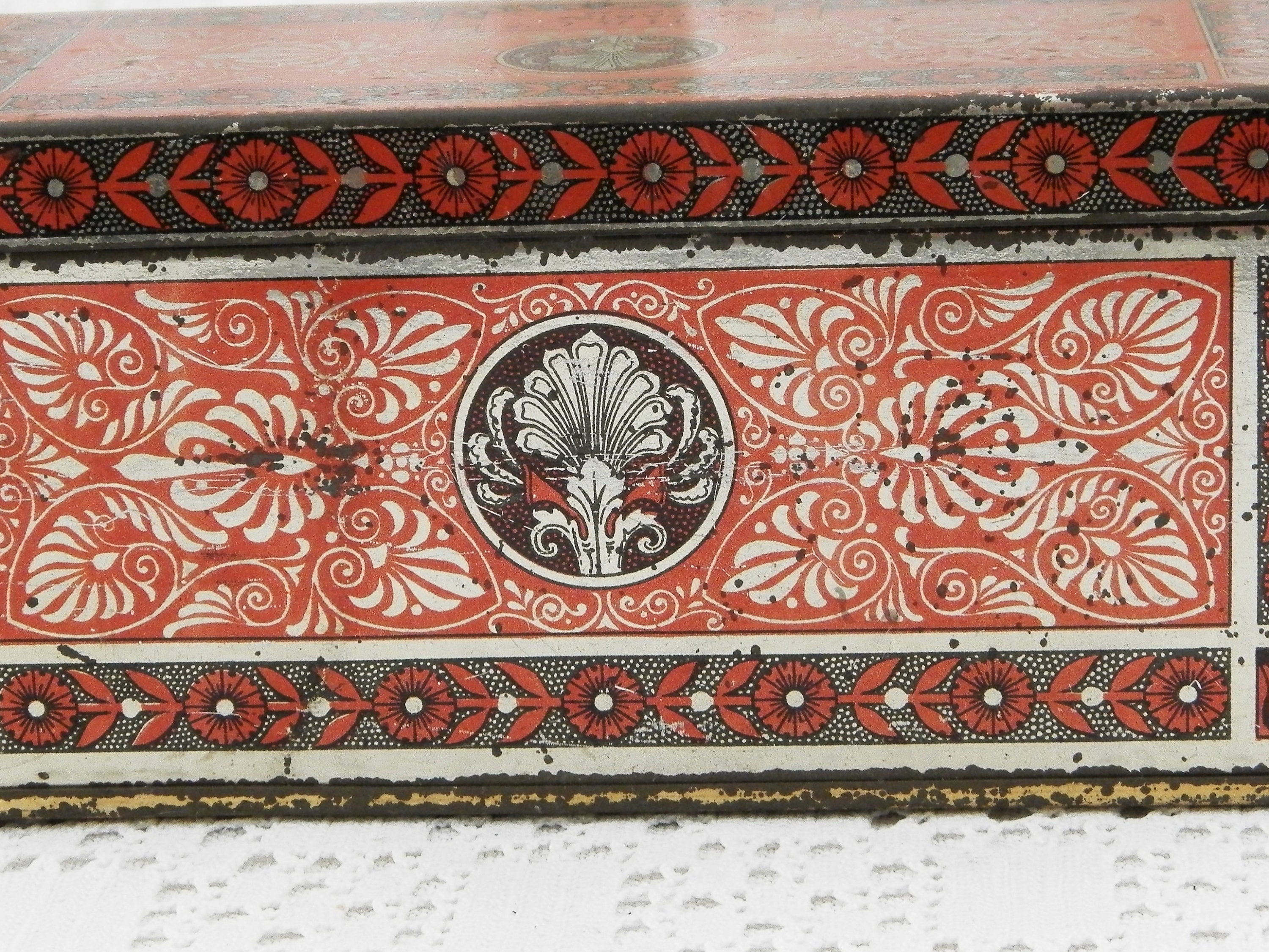 Antique French Rectangular Lithographed Metal Tin Box with Red Neo ...