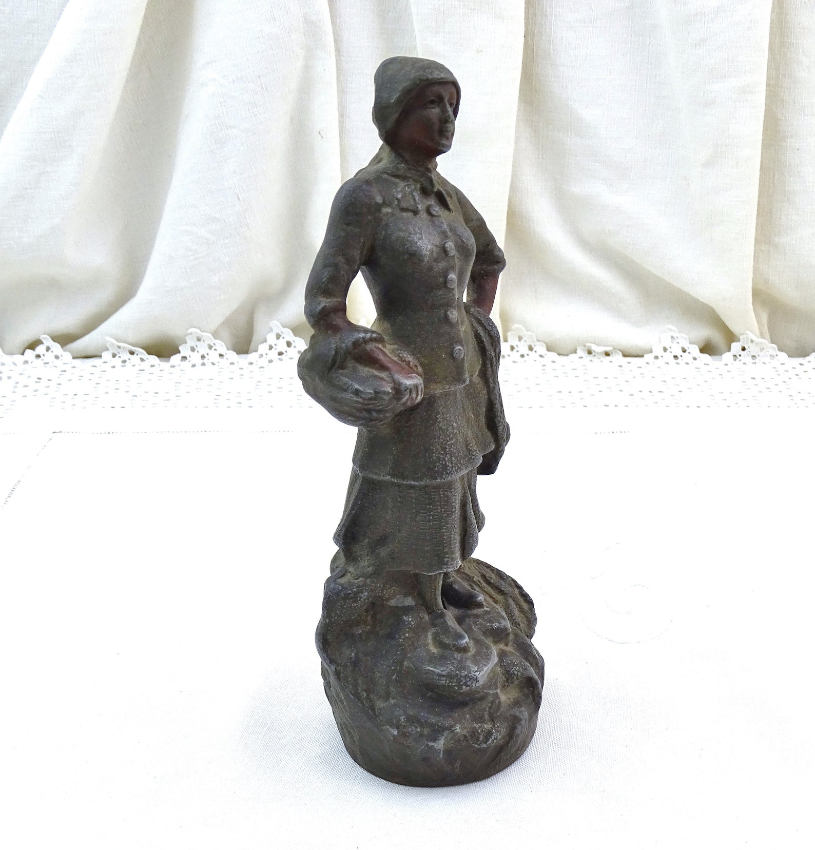 Antique French Metal Sculpture of Fisherwoman, Vintage Statue Figurine ...