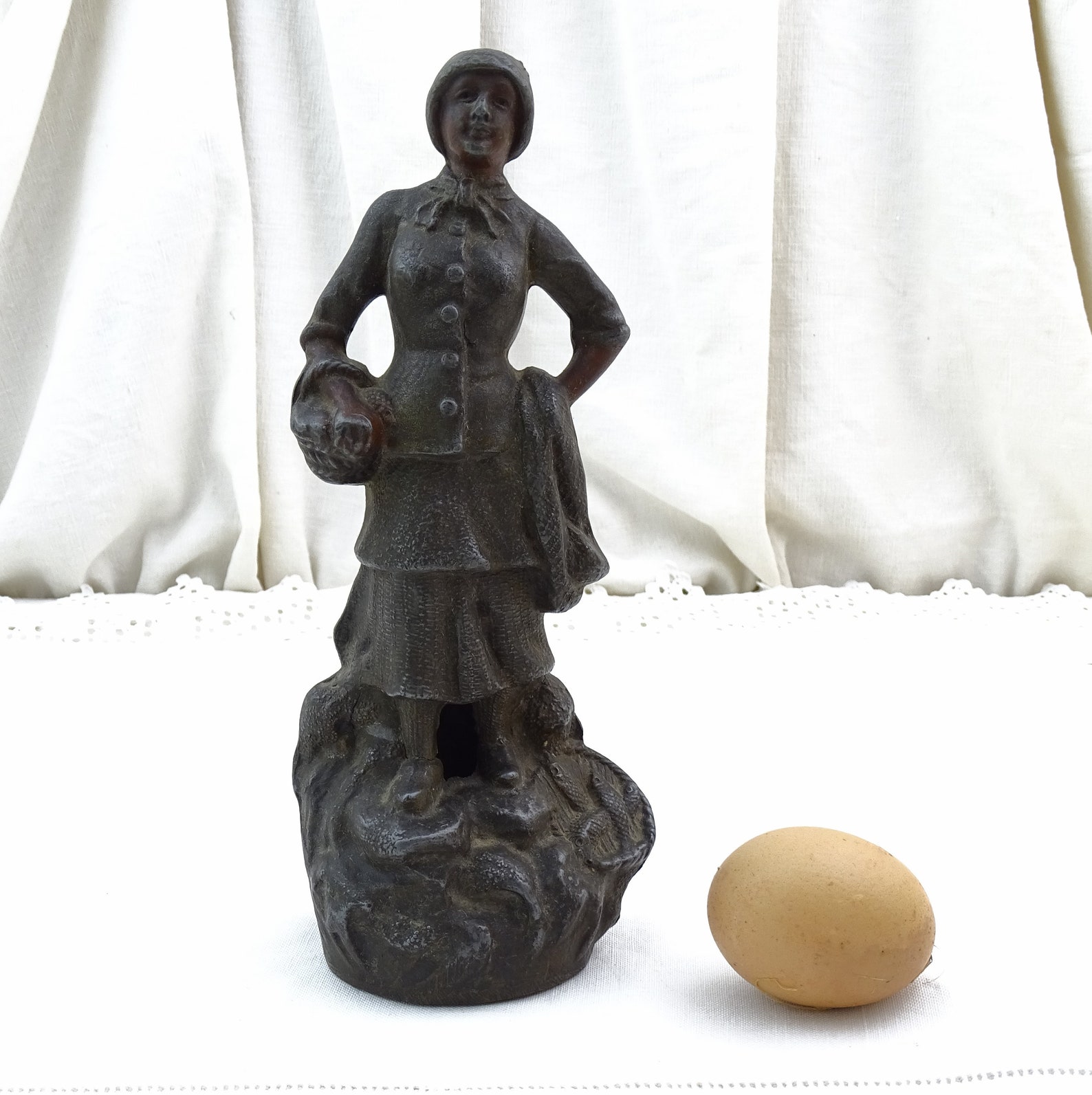 Antique French Metal Sculpture of Fisherwoman, Vintage Statue Figurine ...