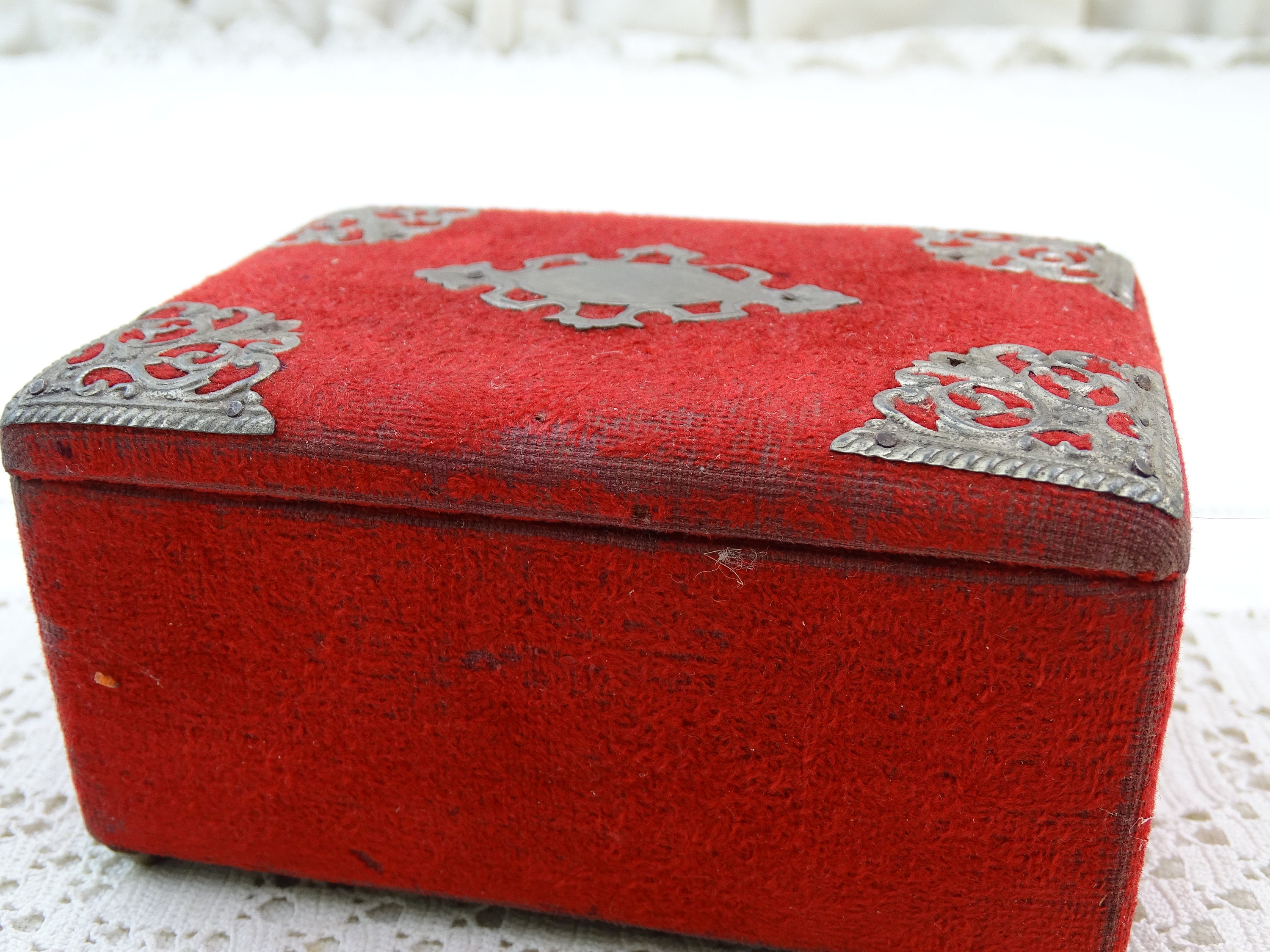 Antique French Worn Red Velvet Jewelry Box with Metal Decoration on the ...