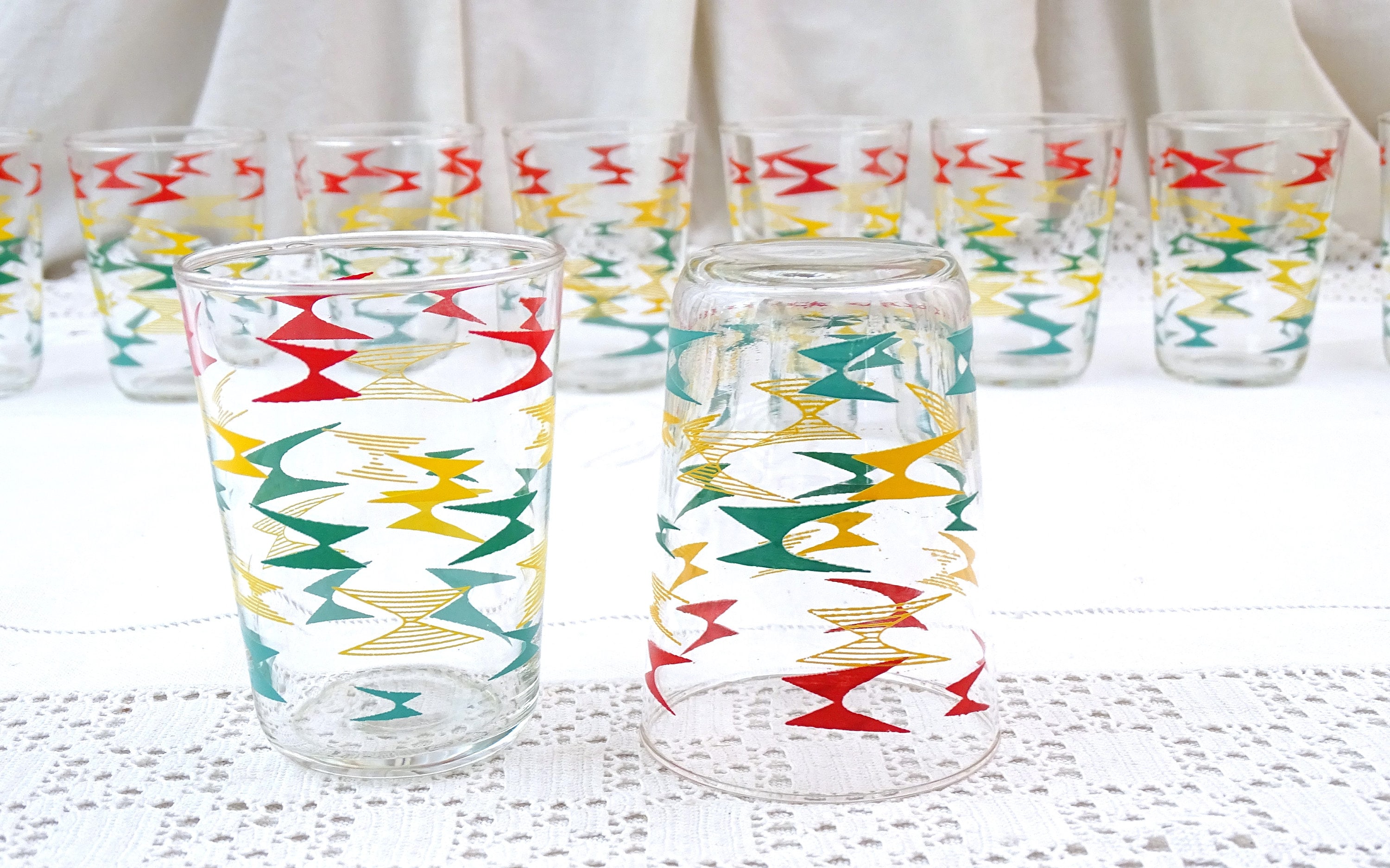 Set of 2 Vintage French 1950s Colorful Printed Atomic Design Glass ...