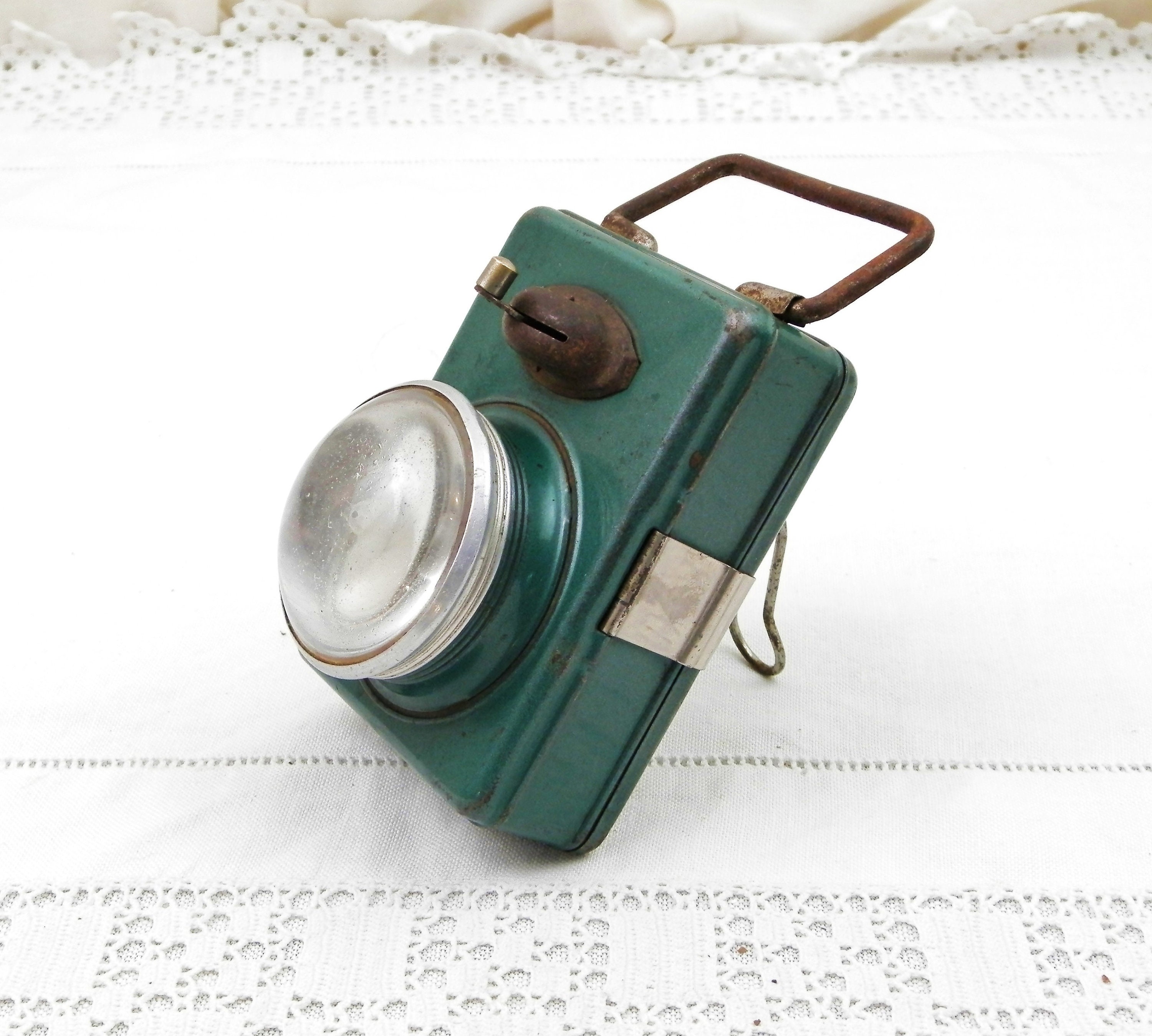 Working Vintage 1950s Green Metal Flashlight with Domed Glass Lens ...
