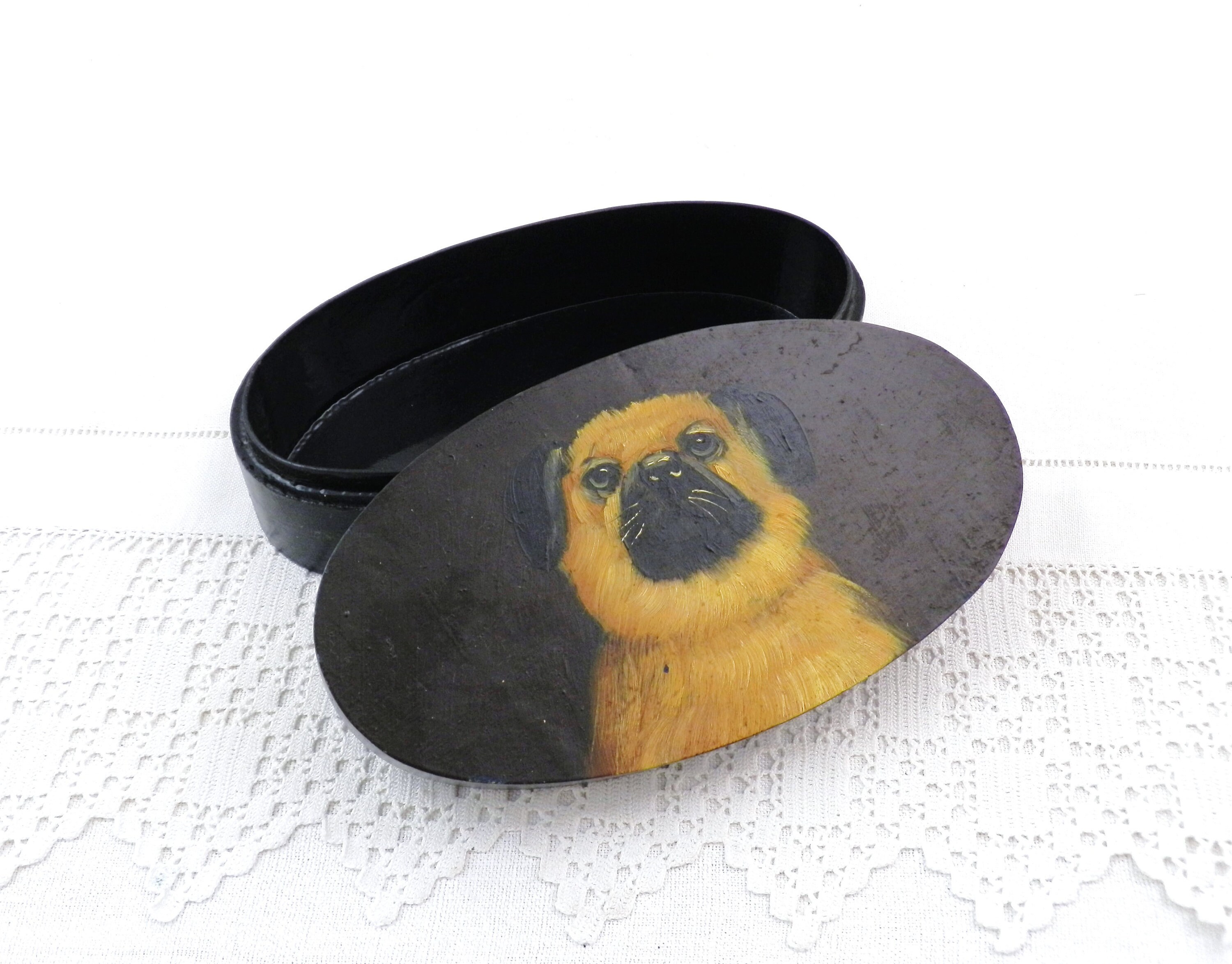 French Antique Oval Wooden Box with Hand Painted Picture of a Pug Dog ...