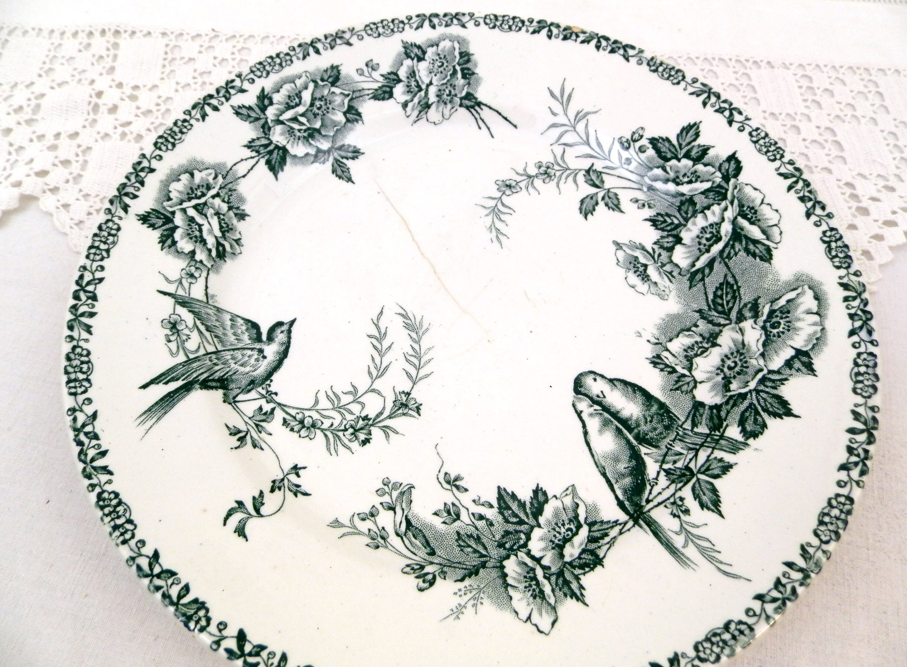 Antique French Ironware Plate With Bird / Bluetit and Rose Flower ...