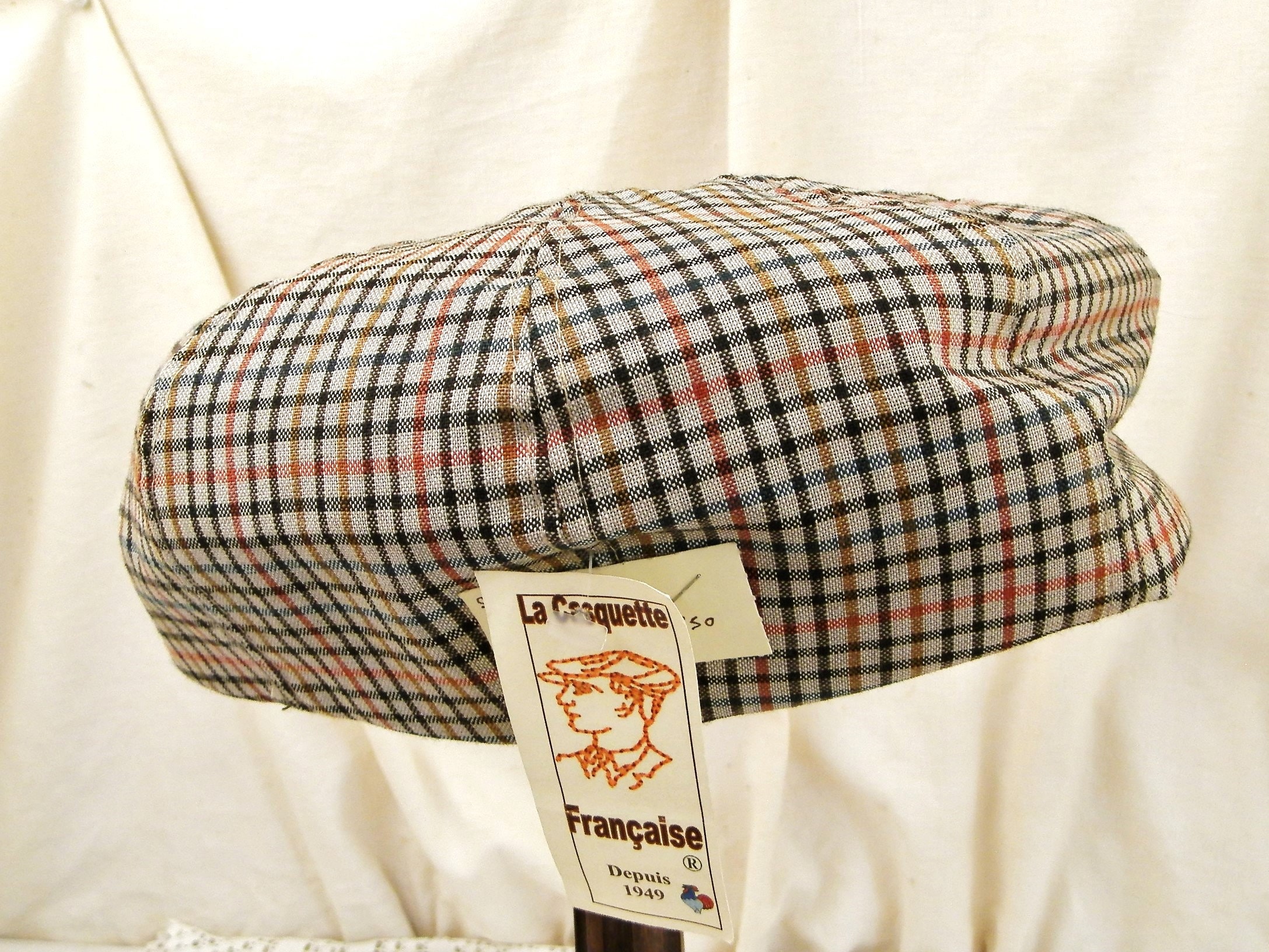 Vintage French Unused Brown Chequered Fabric Cloth Button Topped Flat ...
