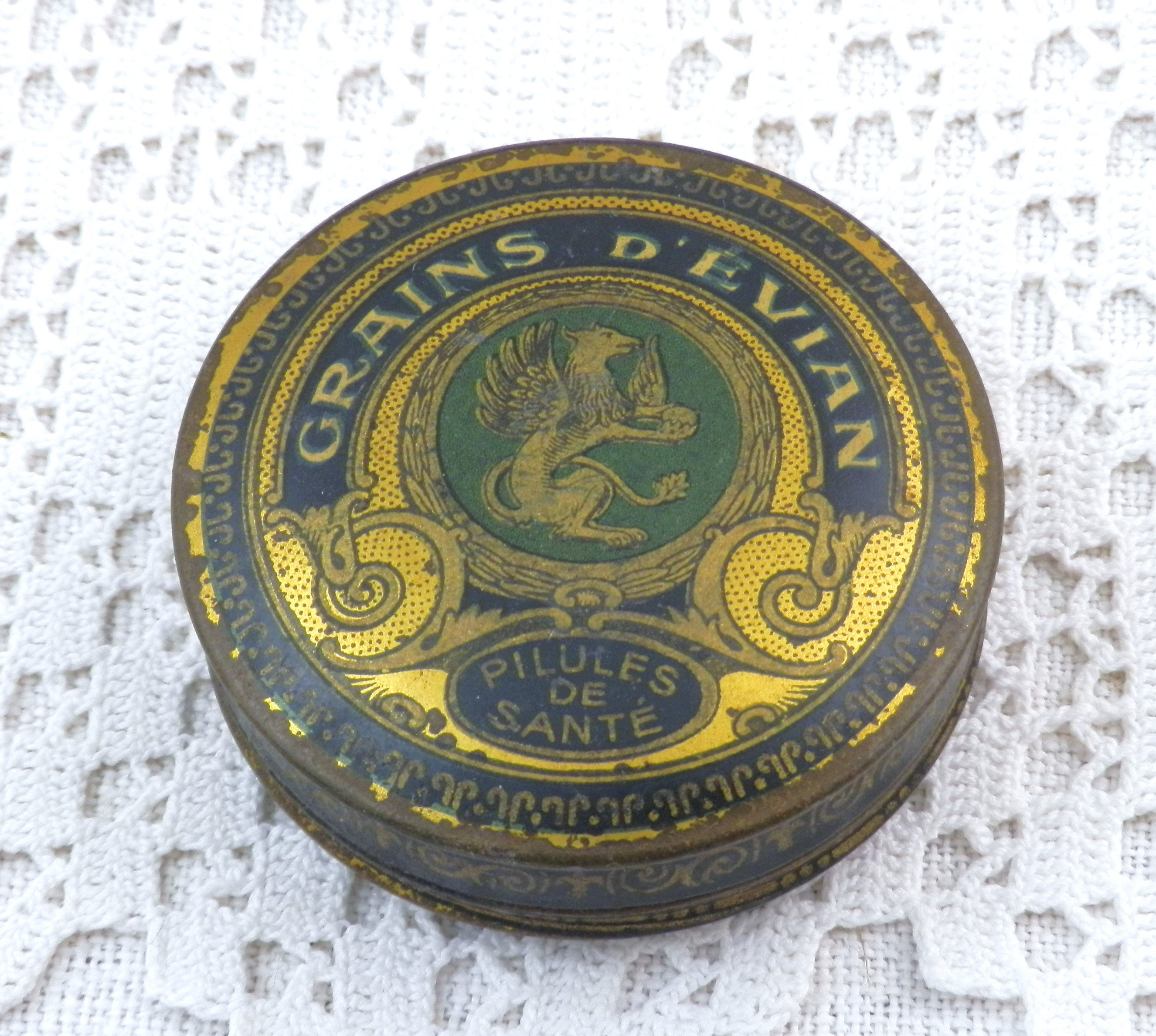 Small French Antique Lithographed Round Tin for Medical Lozenges Grains ...