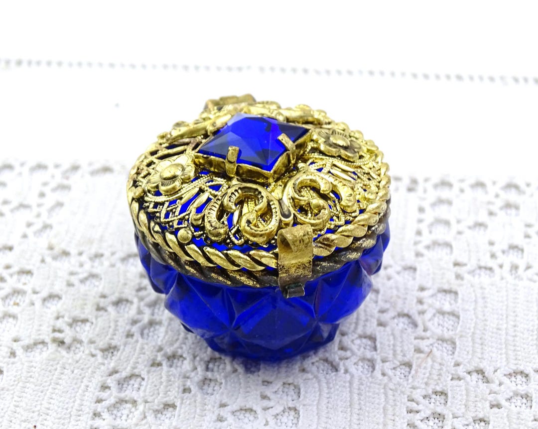 Small Vintage Cobalt Blue Glass Pill Box With Gold Tone Metal Adornment ...