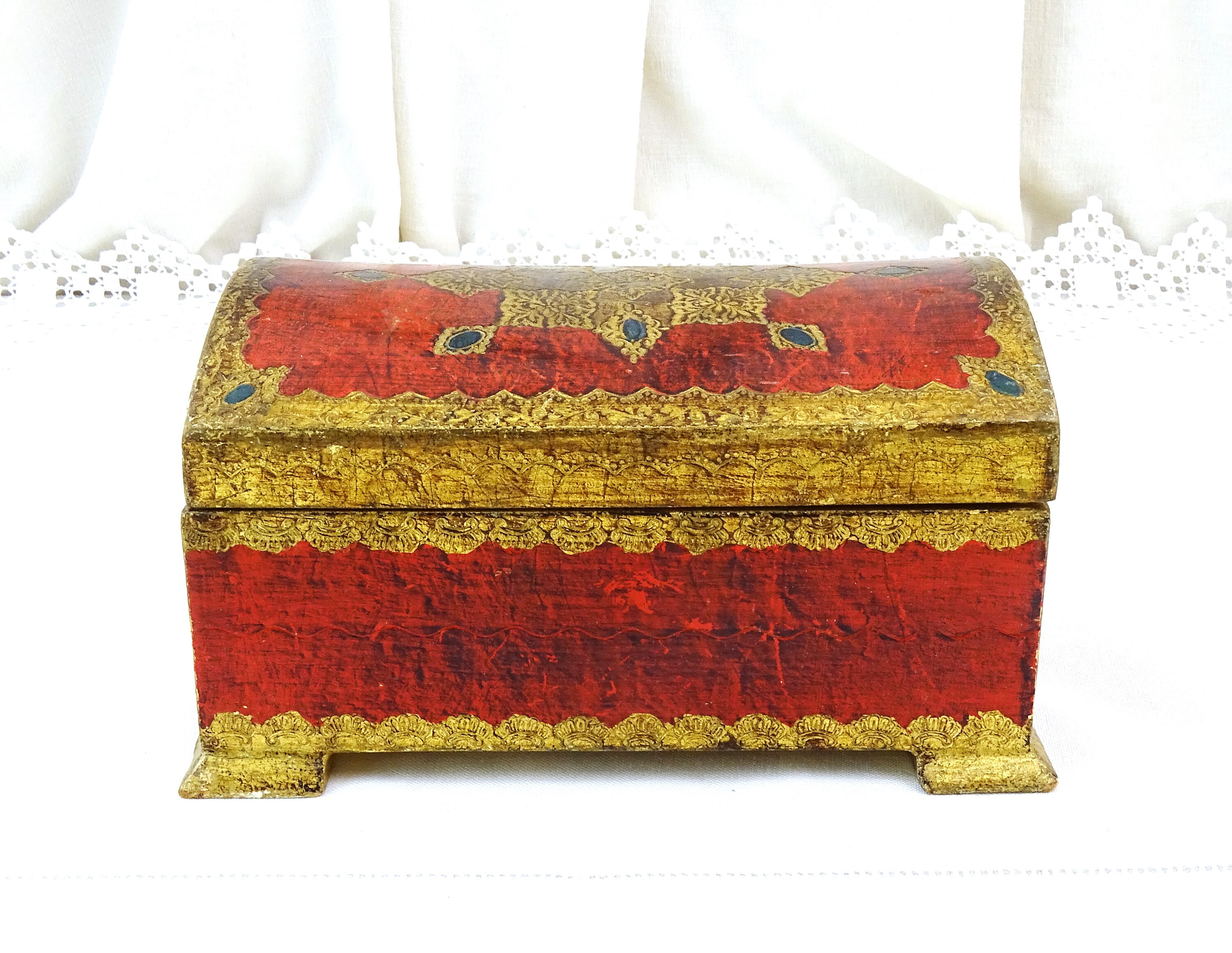 Vintage 1960s Venetian Gold and Red Coffer Shaped Jewelry Hinged Box ...