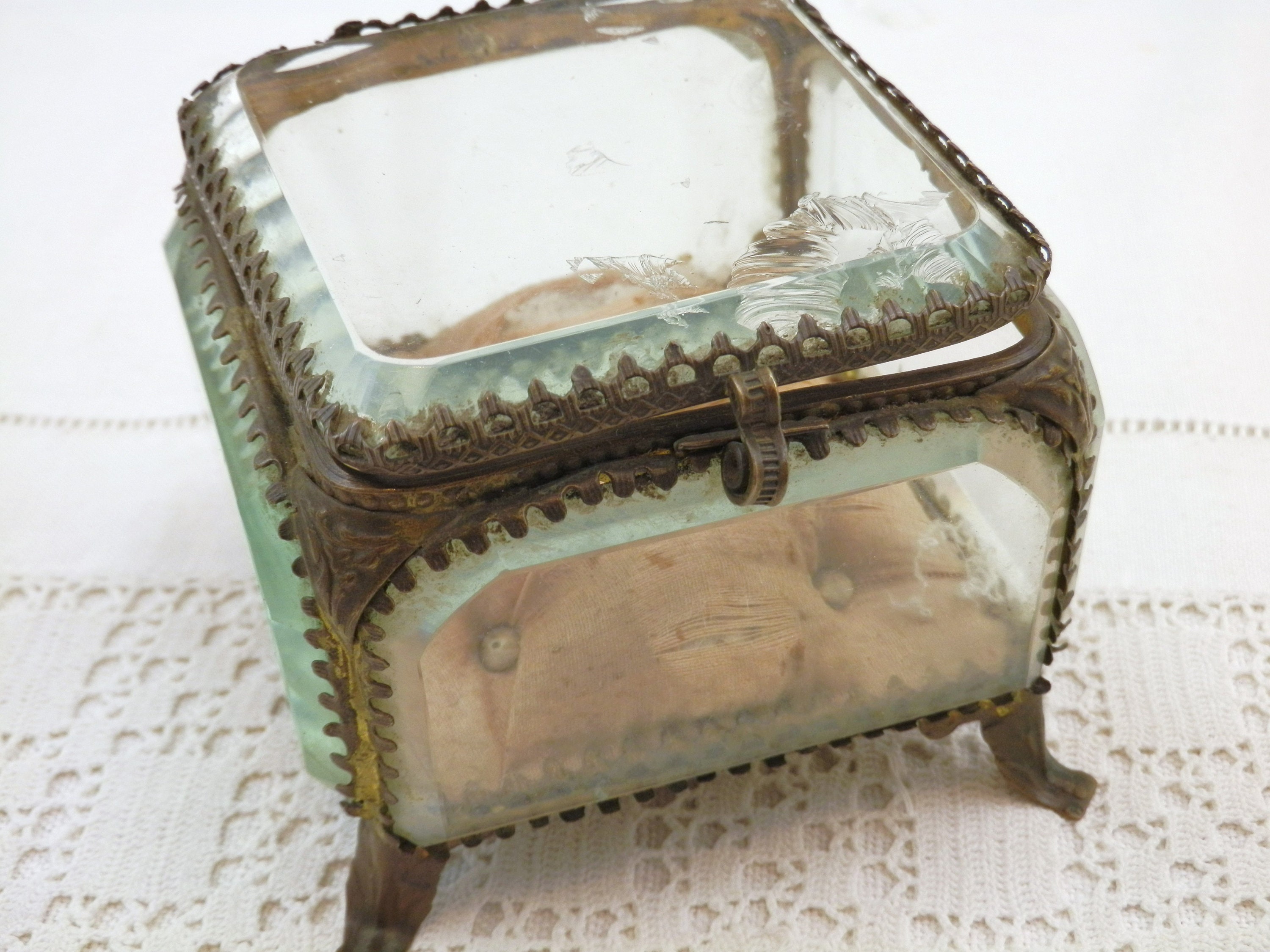 French Antique Square Thick Beveled Glass Jewelry Box with Padded ...