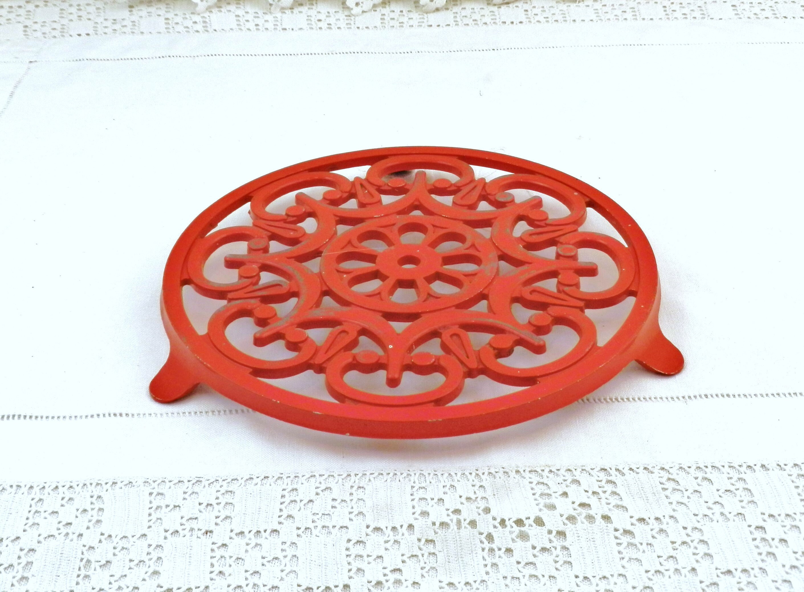 French Vintage Round Red Metal Kitchen Trivet with Cut Out Design and 3 ...
