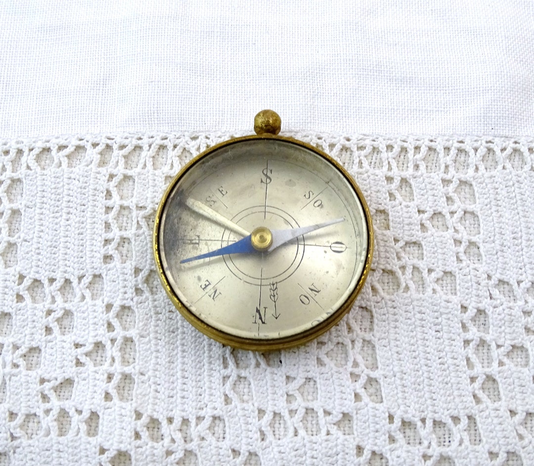 Antique French Round Brass Pendant Compass, Vintage Dry Magnetic ...