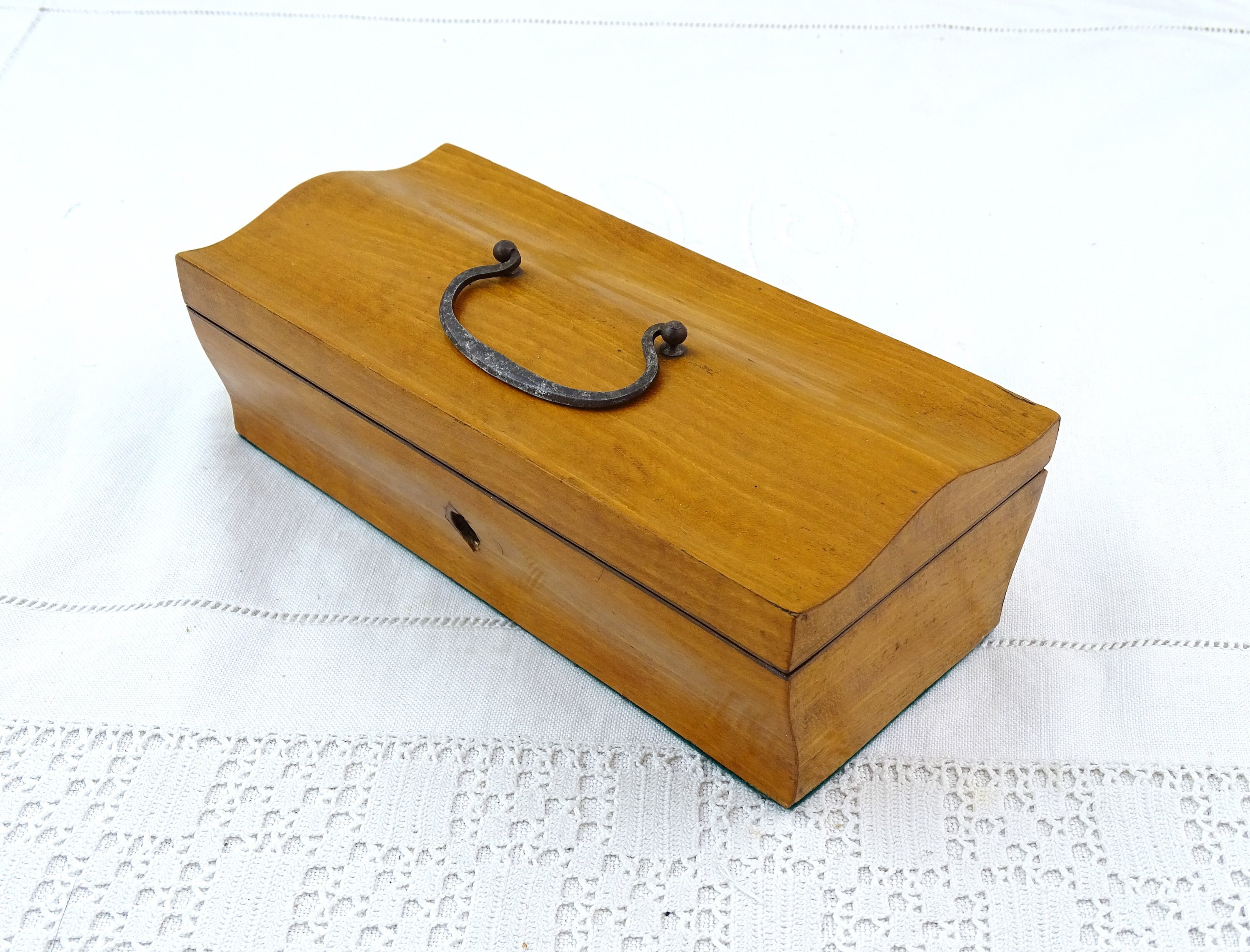 Vintage French Long Thin Curved Lidded Fruit Wood Jewelry Box with ...