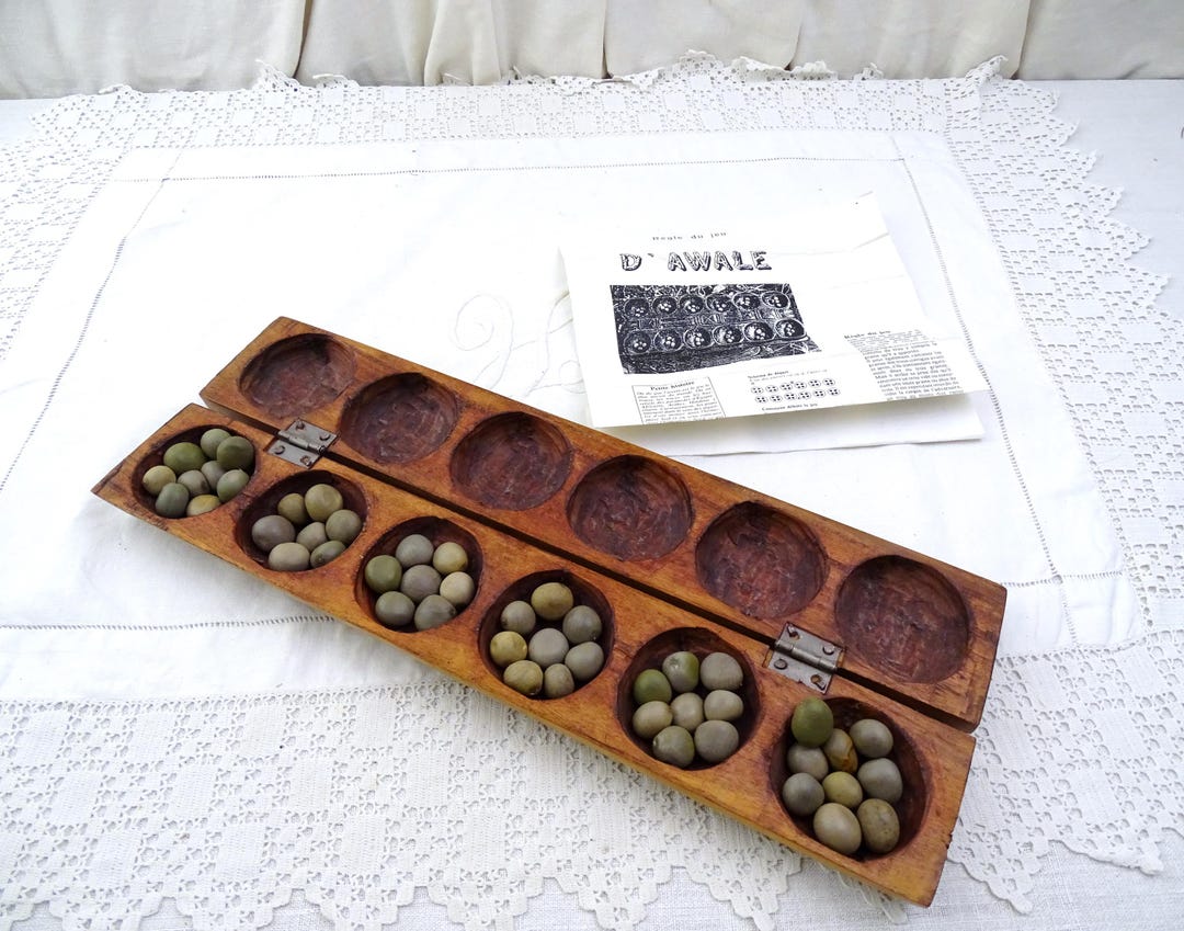 Vintage African Wooden Awale Plank Game With Complete Set of Seeds and ...