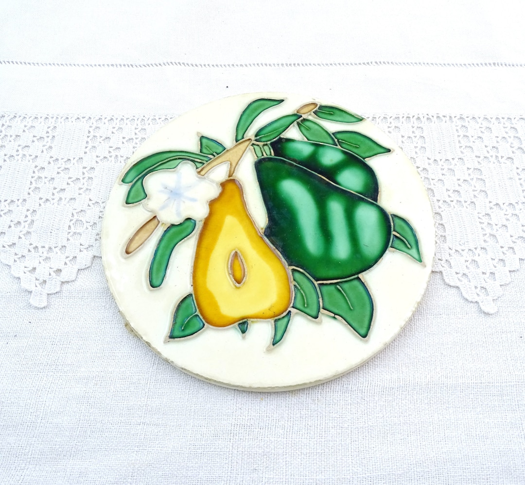 Vintage French Round Ceramic Tile With Glazed Pear Fruit Pattern, Retro ...