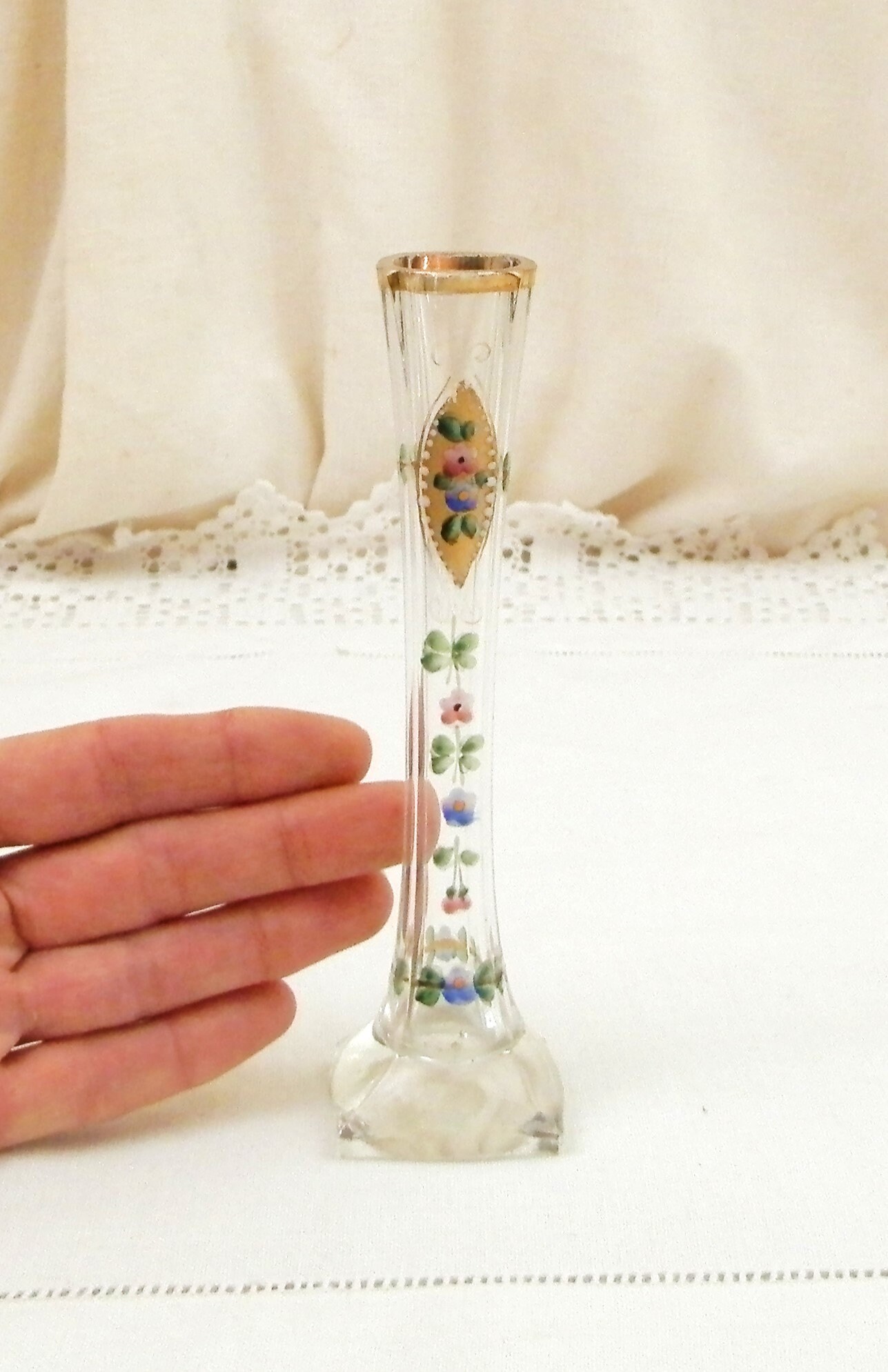 Antique French Tall Slim Hand Painted Clear Glass Posy Vase with Small ...