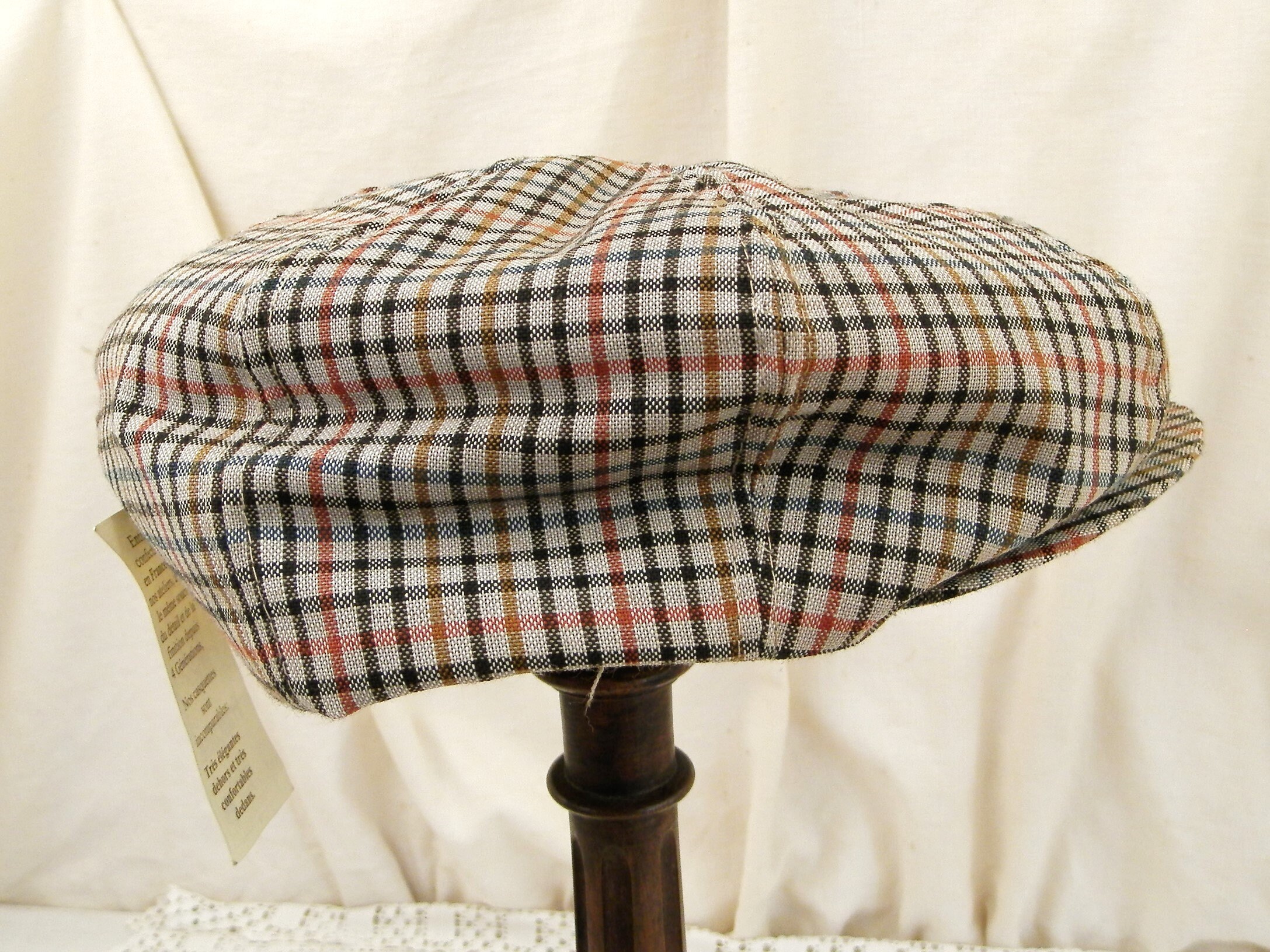 Vintage French Unused Brown Chequered Fabric Cloth Button Topped Flat ...