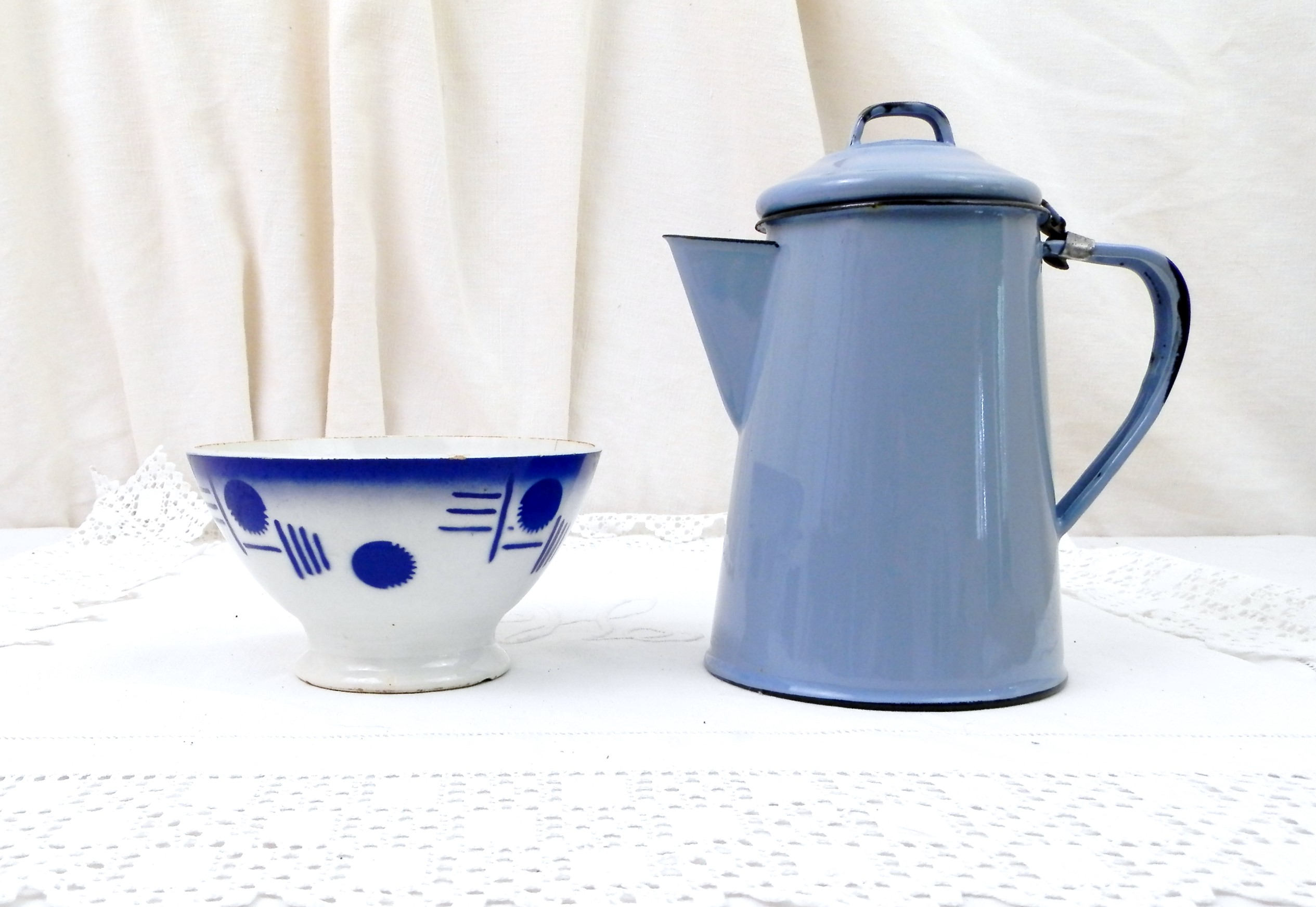 Antique Blue and White Art Deco Coffee Bowl from France, French ...