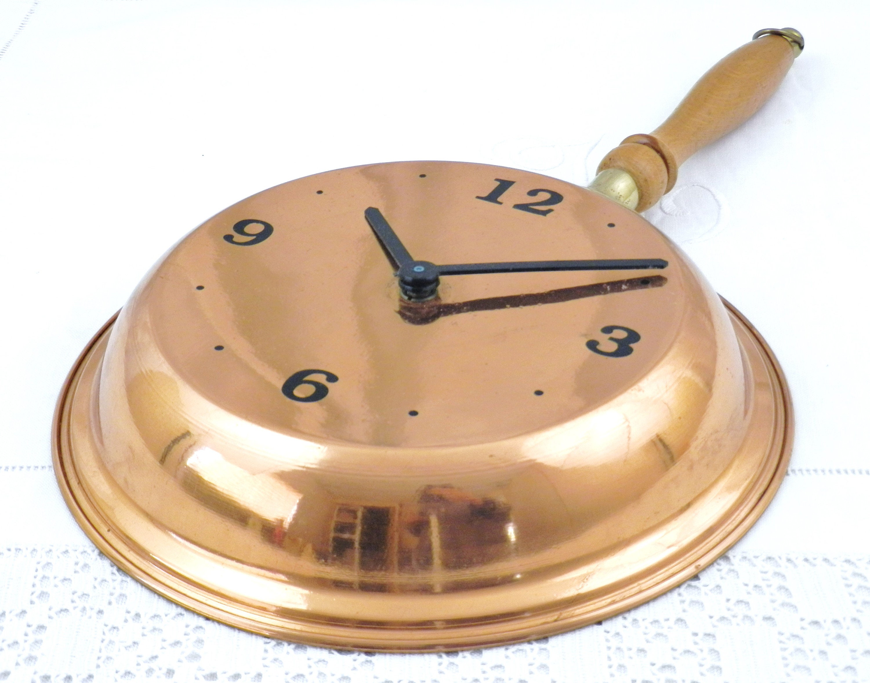 French Vintage Working Copper Pan Wall Clock, Retro Kitchen Decor Time ...