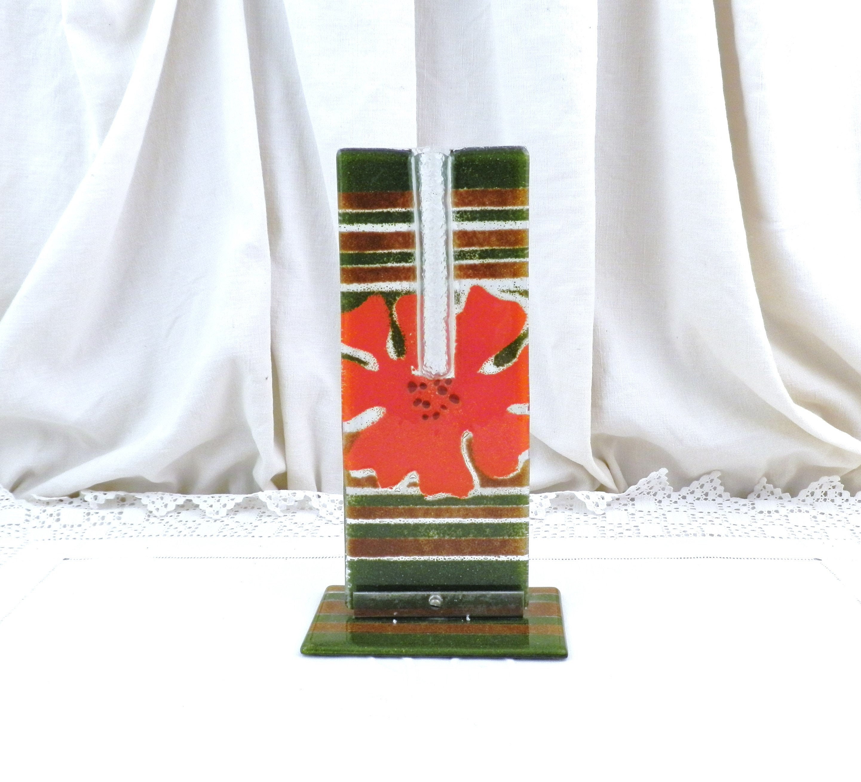 Vintage Fused Art Glass Posy Vase in Red and Green, Retro Tabletop ...