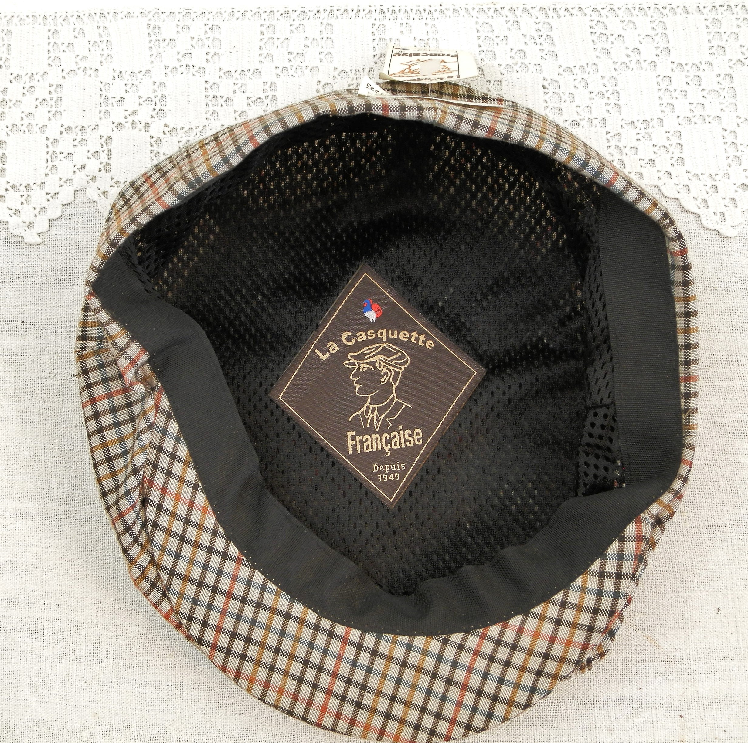 Vintage French Unused Brown Chequered Fabric Cloth Button Topped Flat ...