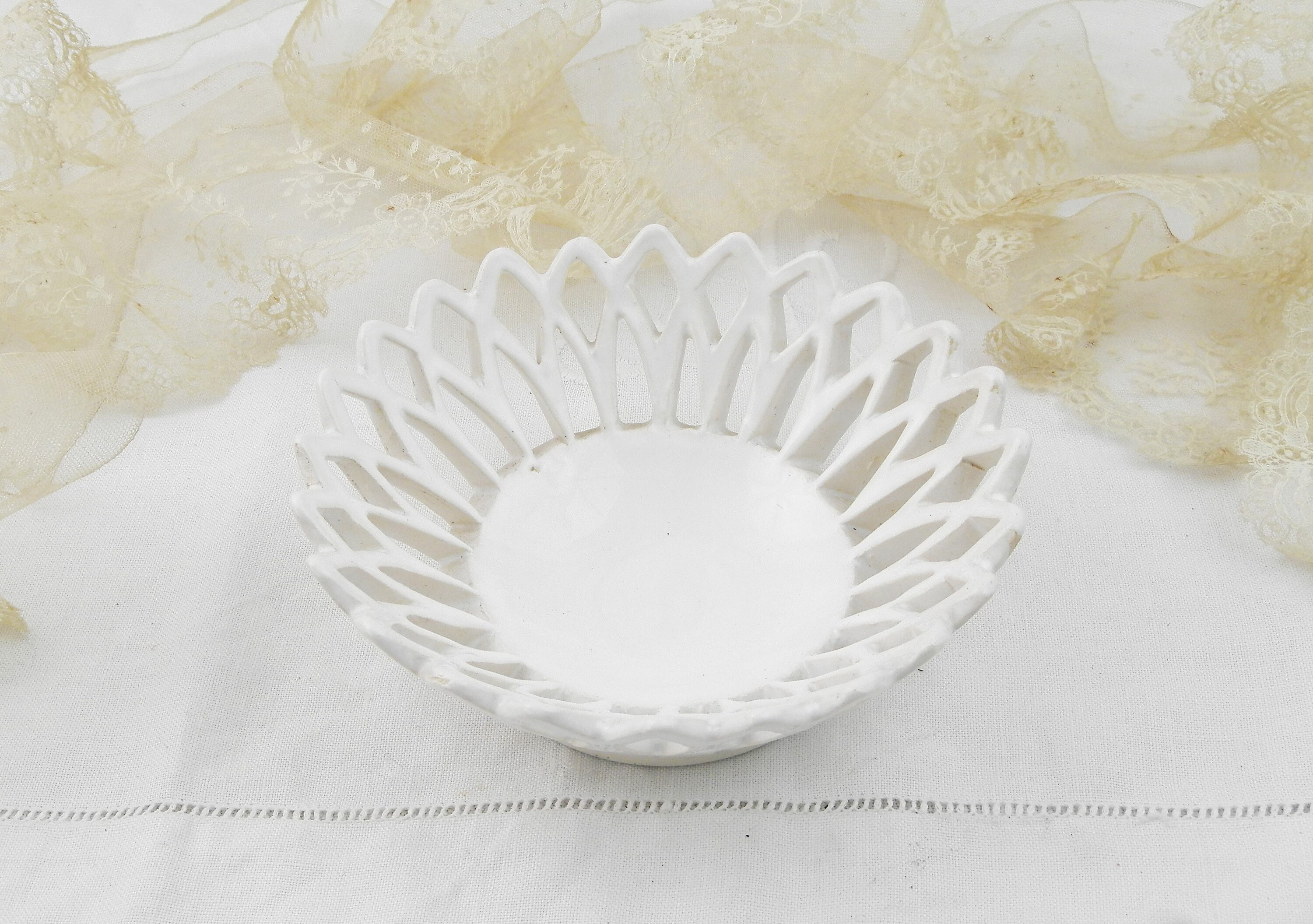 Vintage White Glazed Ceramic Cut Out Design Bowl, Retro Pierced Pottery ...