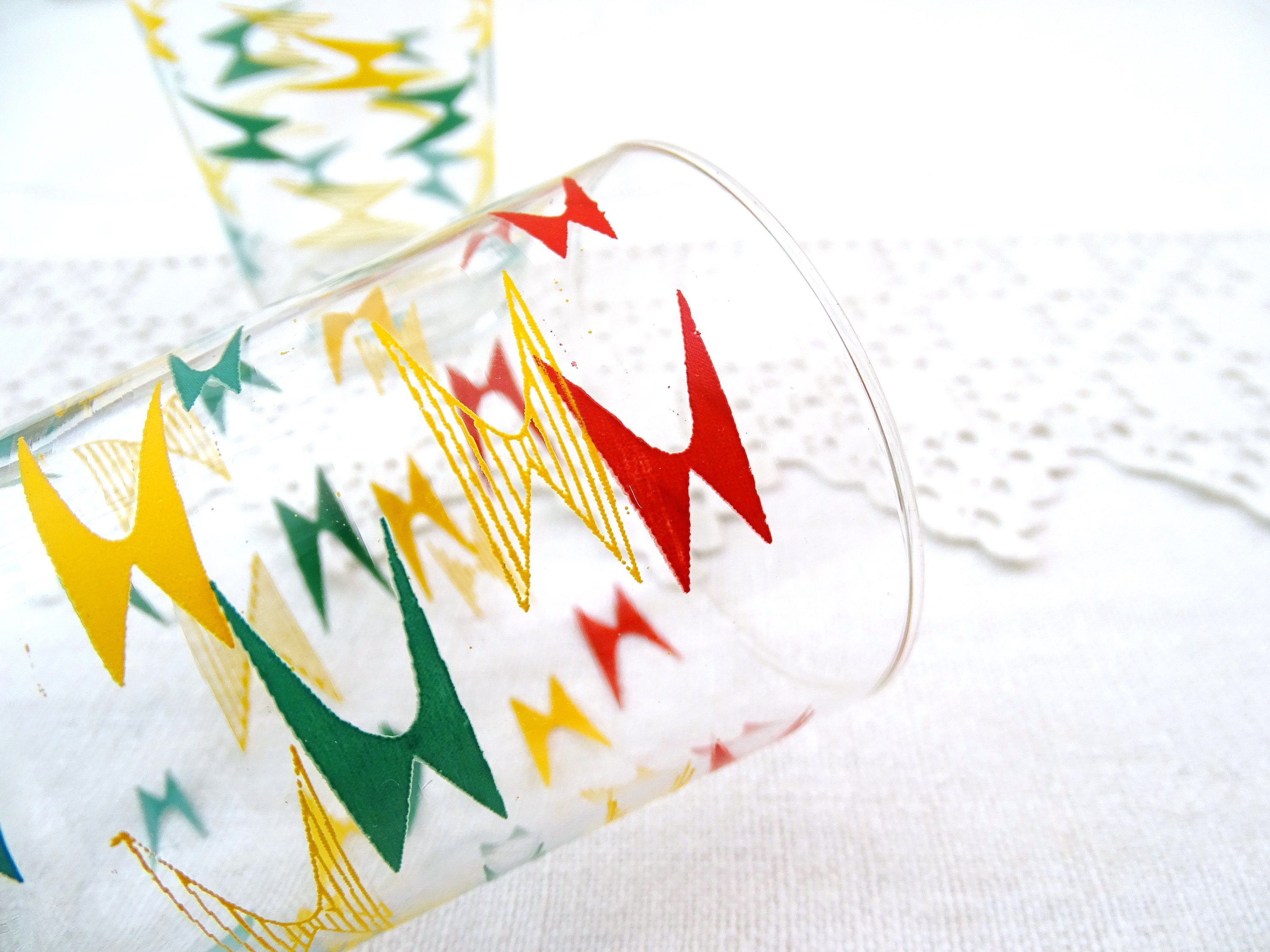 Set of 2 Vintage French 1950s Colorful Printed Atomic Design Glass ...