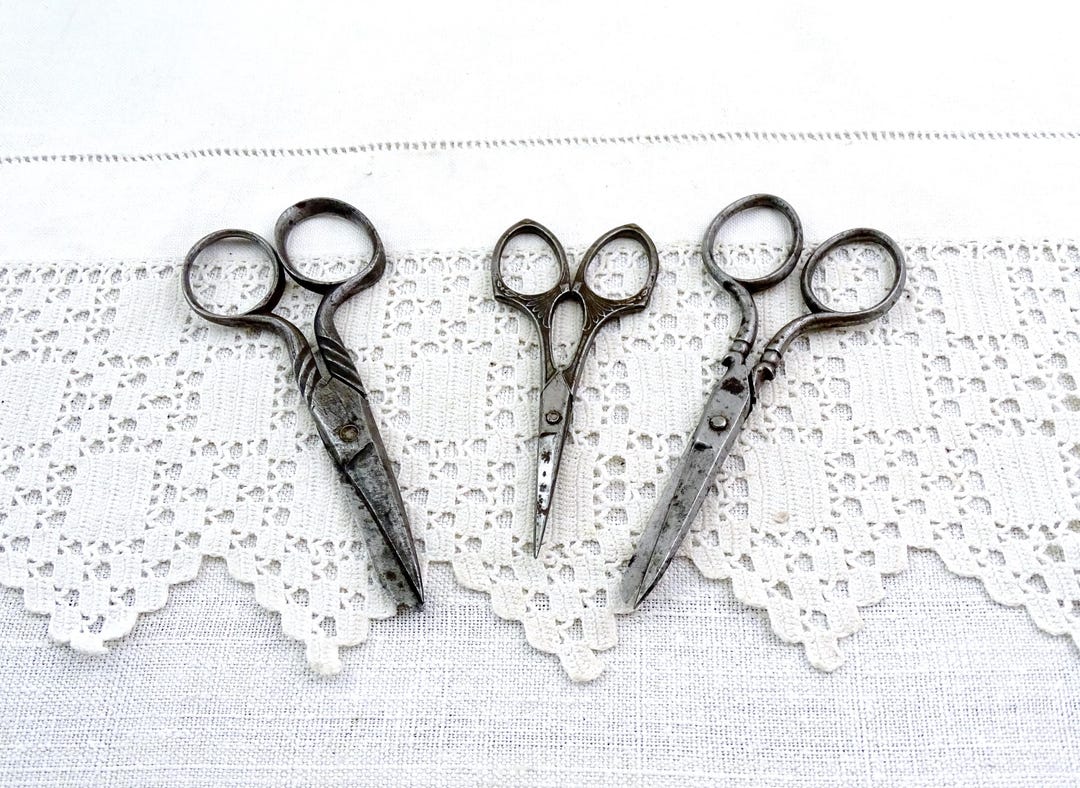 3 Antique French Working Iron Scissors With Forged Decorated Handles ...