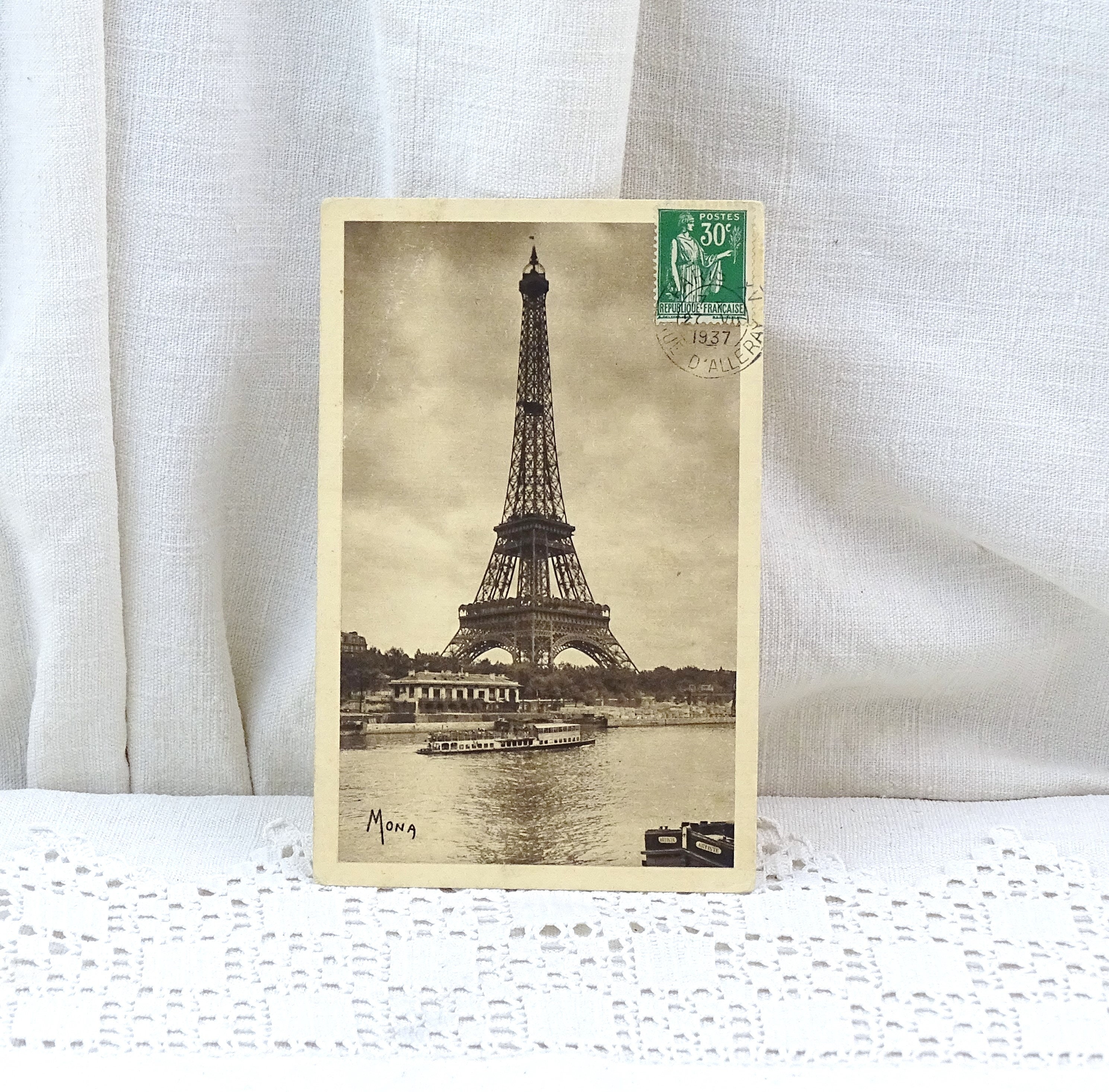 French Vintage 1930s Sepia Black and White Postcard of the Eiffel Tower ...