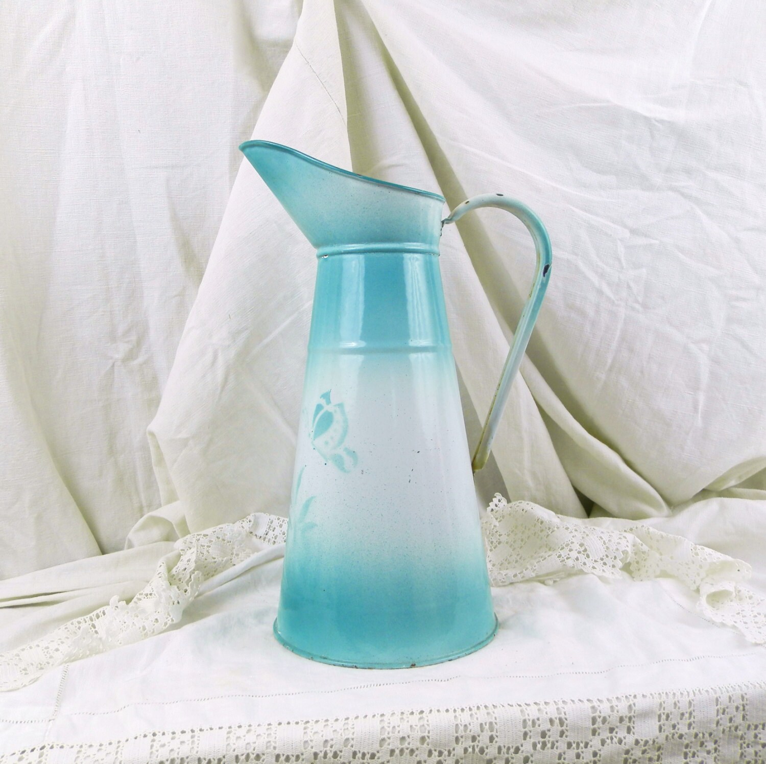 Antique French Blue and White Enamelware Water Pitcher With a Flower ...