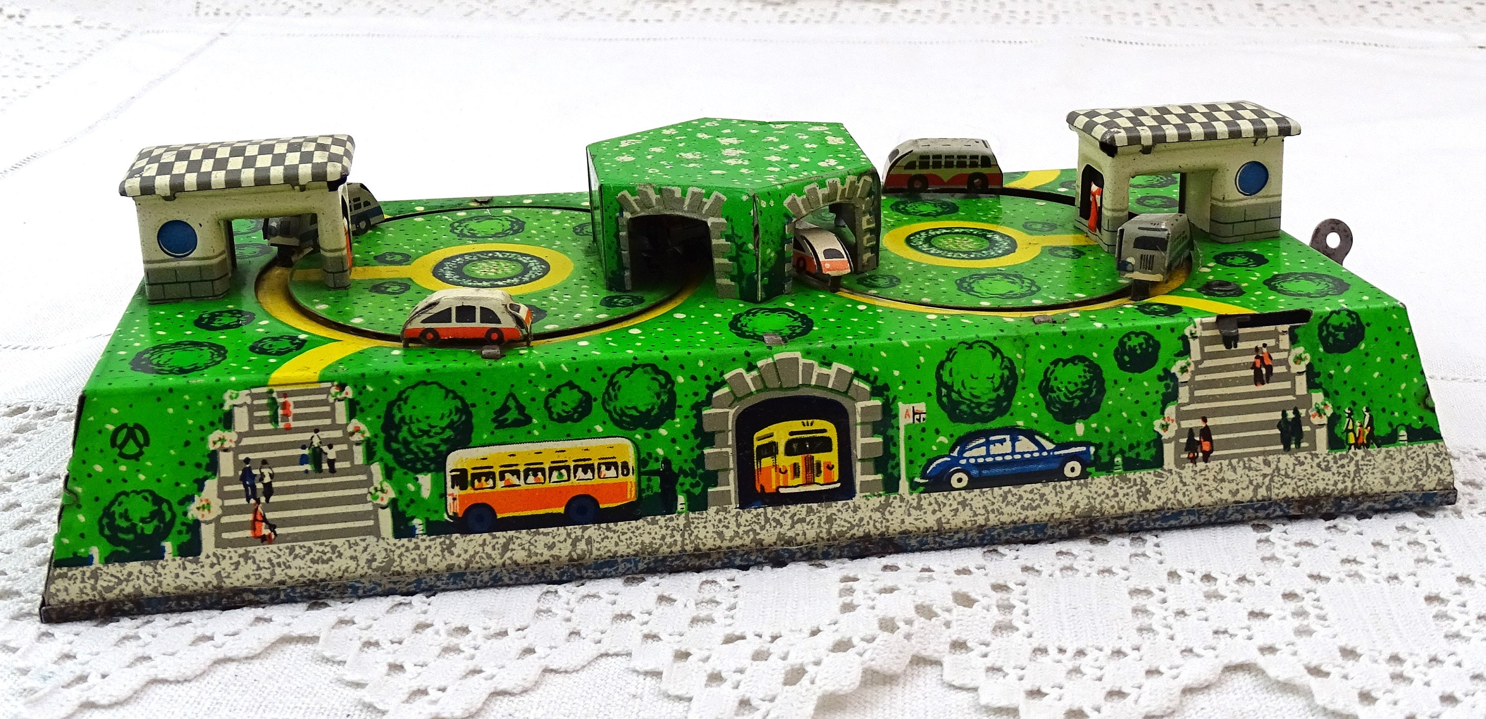 Vintage Working Wind Up Mechanical Tin Toy Bus Station, Retro Autobus ...